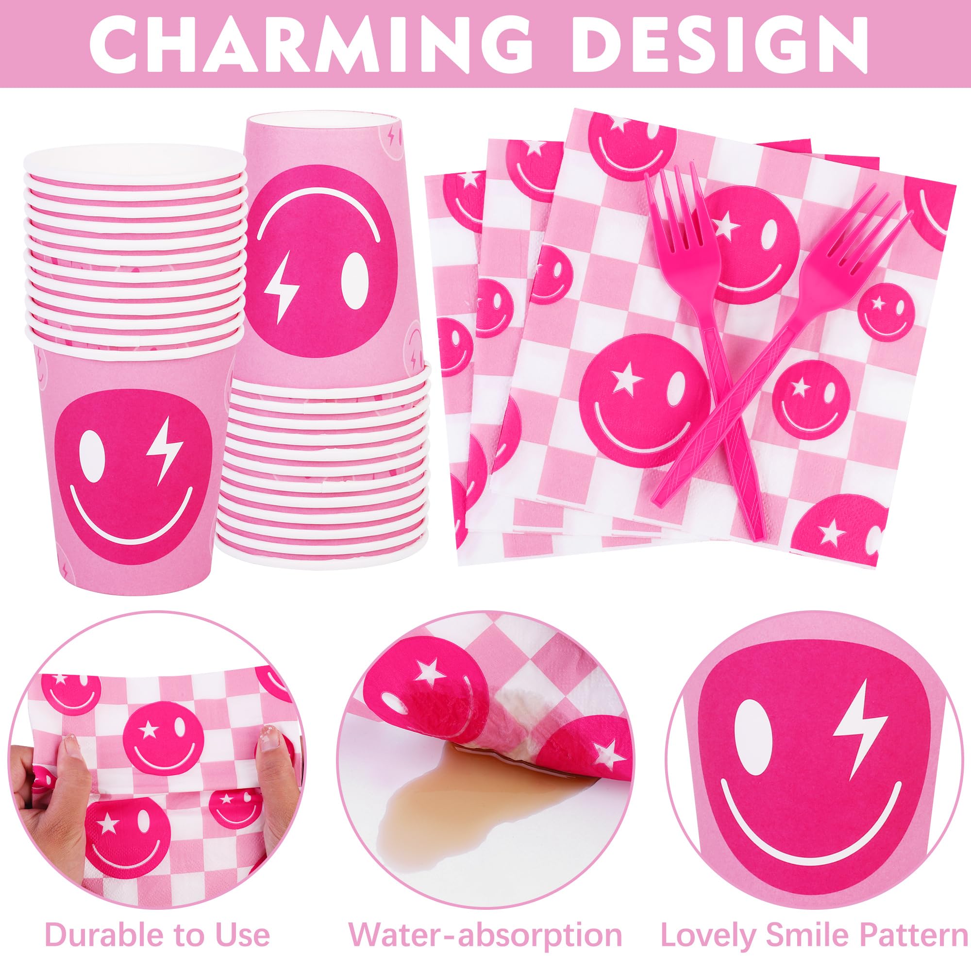 Snapklik.com : Durony 144 Pieces Preppy Birthday Decorations Pink Smile ...