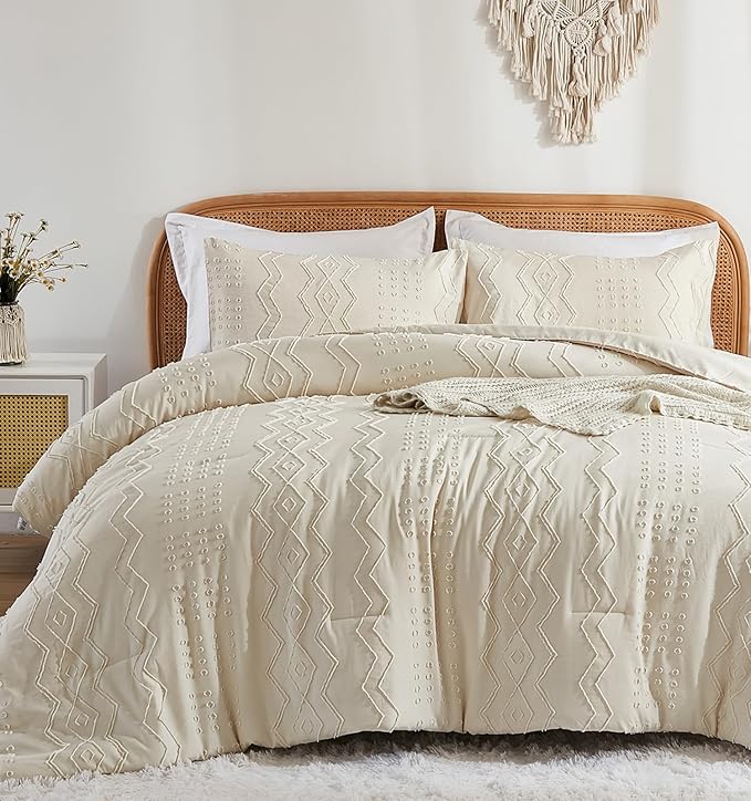 WONGS BEDDING Boho Comforter Set Queen, Beige Tufted Comforters Queen ...