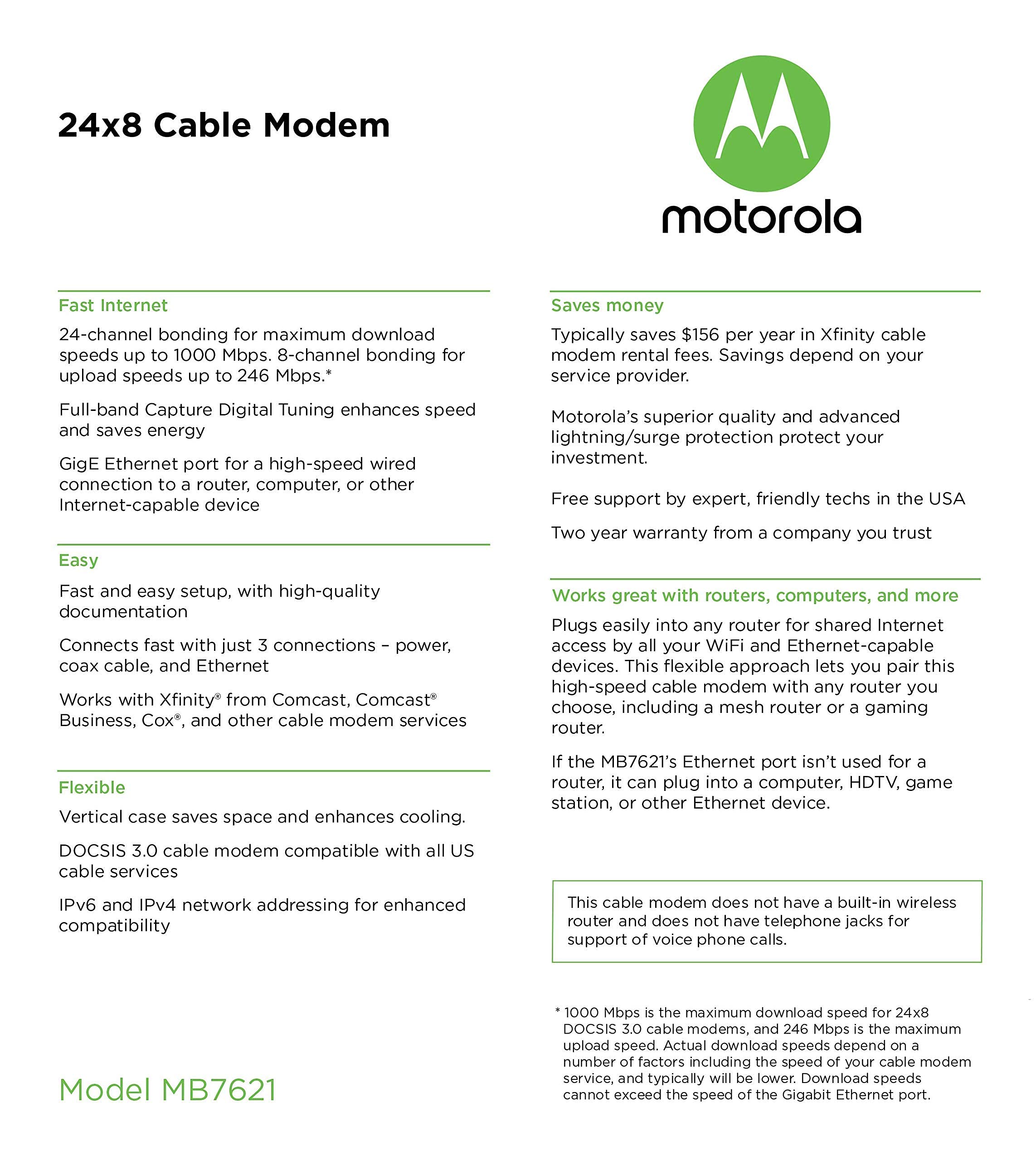 Buy Motorola MB7621 Cable Modem | Pairs with Any WiFi Router | Approved ...
