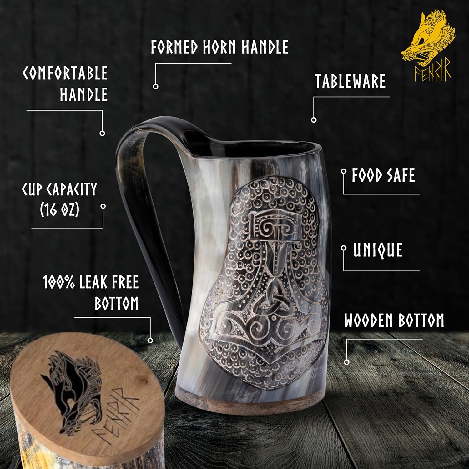 FENRIR Taza Viking Drinking Horn Abridor de botellas Thor 100% hecho a ...