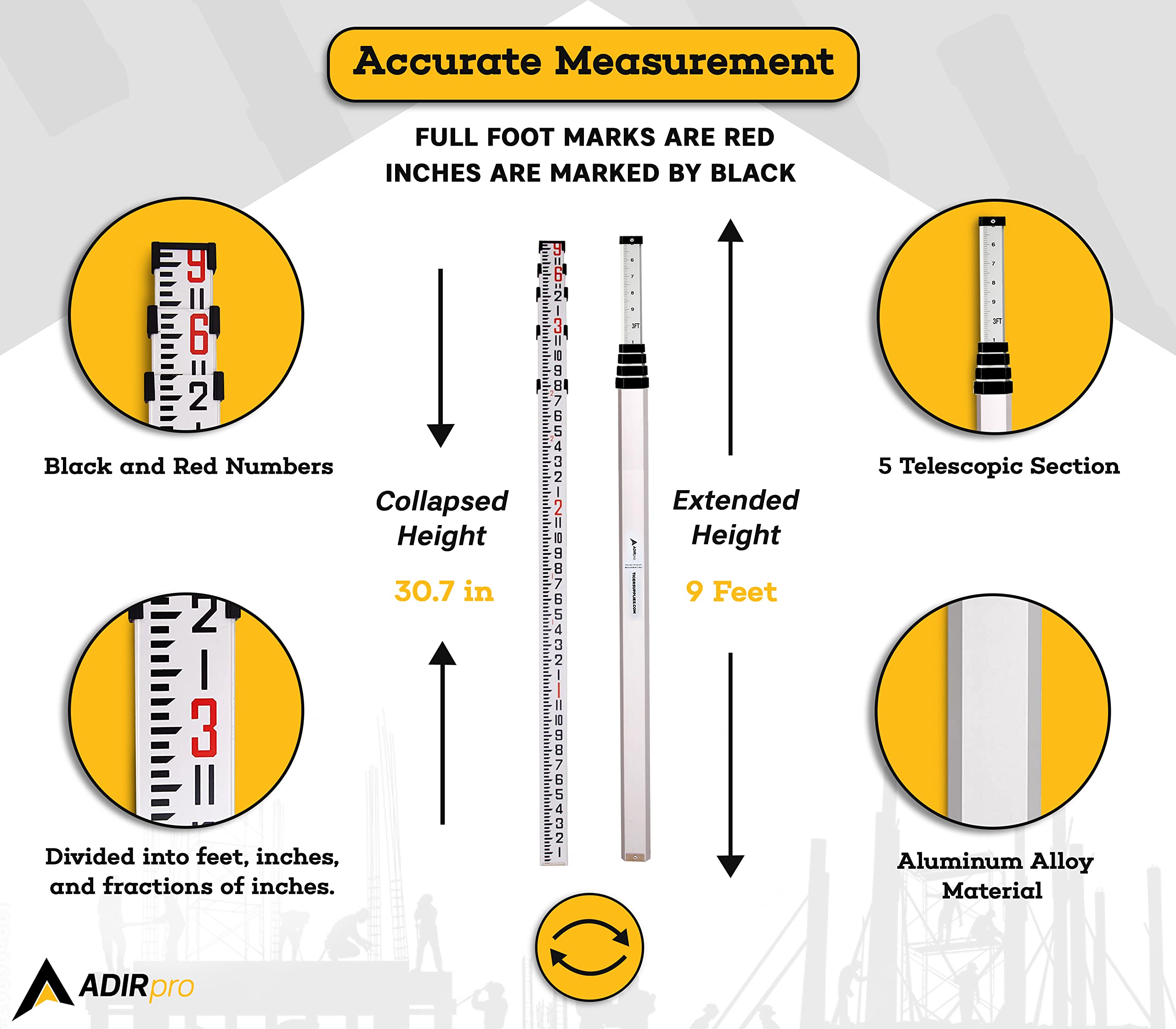 Snapklik.com : 9-Foot Aluminum Grade Rod 8ths, Dual Sided 5-Section ...
