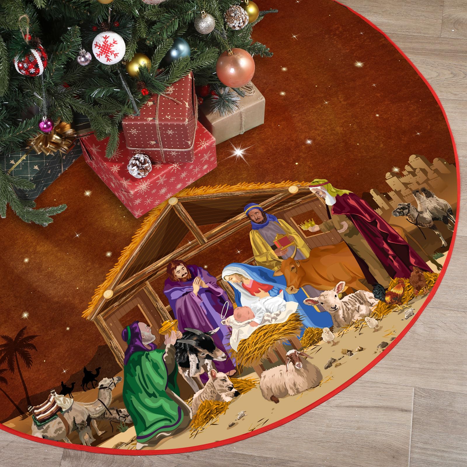 Amazon.com: Blosssound Christmas Nativity Tree Skirt 48 Inch Nativity ...