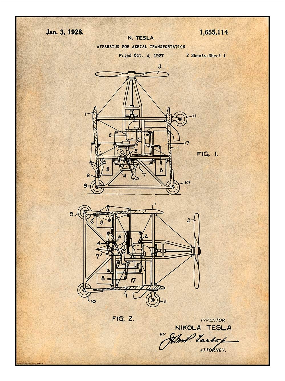 Amazon.com: Studio 21 Graphix 1927 Tesla Flying Machine Patent Print ...