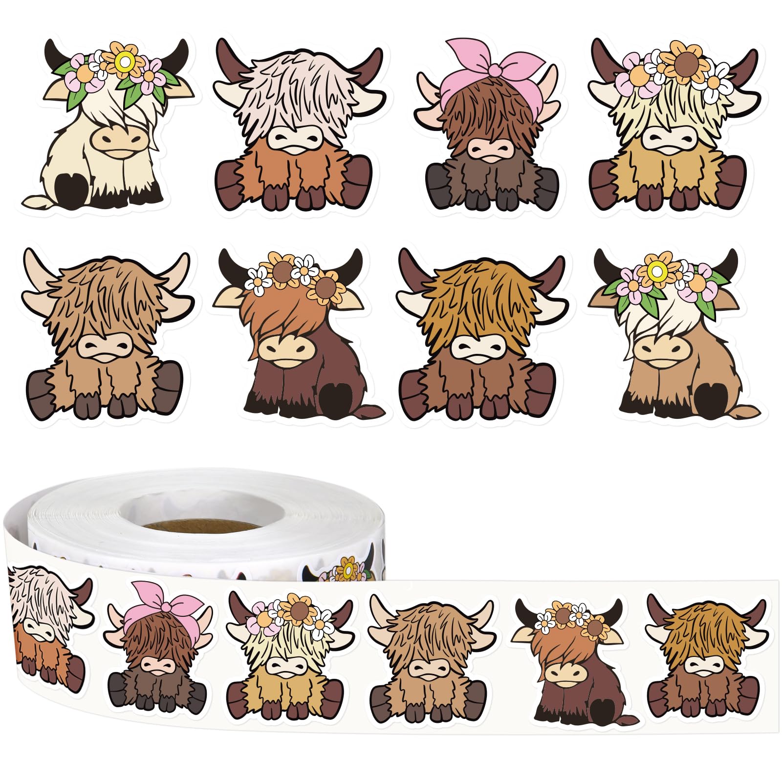 Amazon.com: JarThenaAMCS 1000Pcs Cute Highland Cow Roll Sticker Western ...