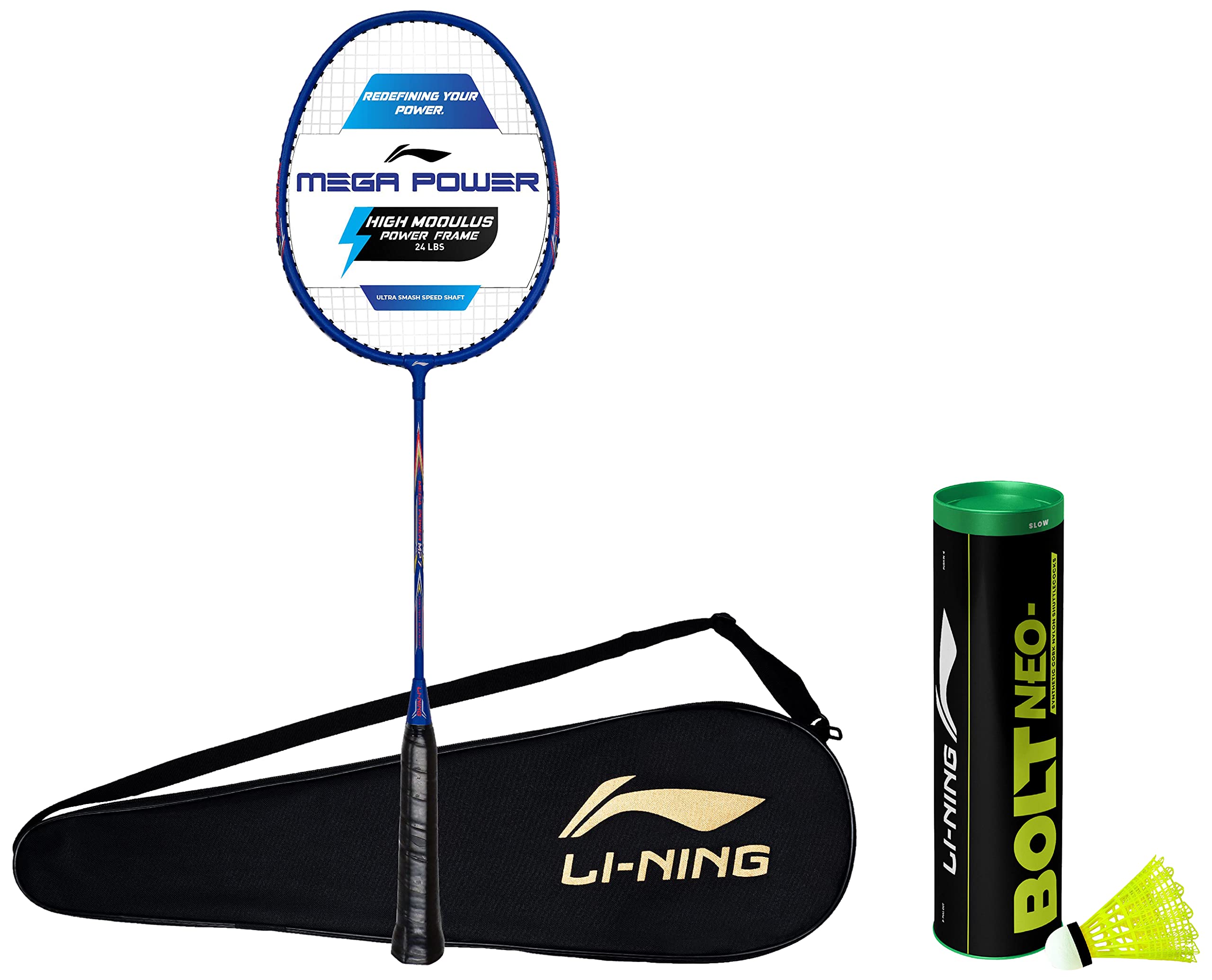 Buy Li-Ning Aluminum Badminton Racket Mega Power 7, Blue/Orange & Li ...