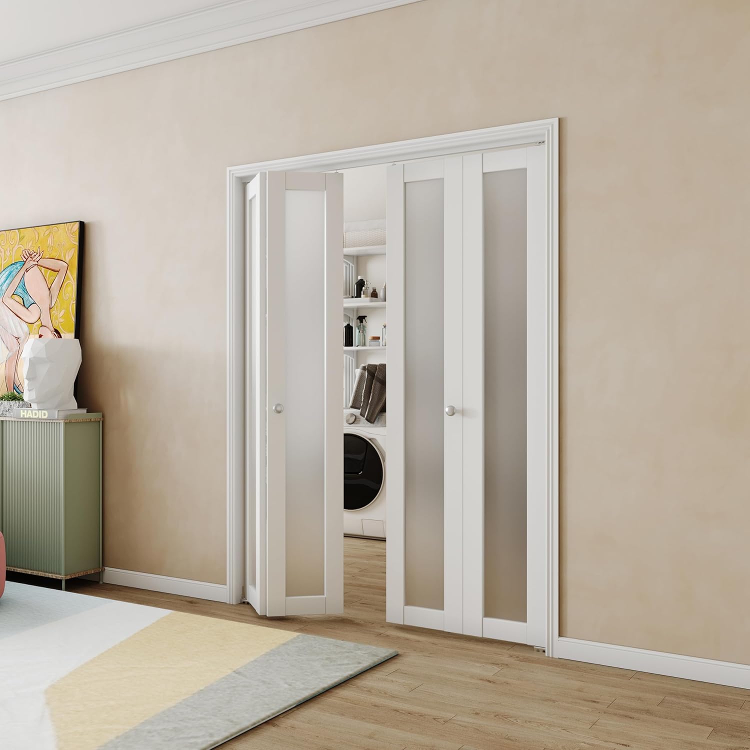 BARNER HOME Closet Doors, Double Frosted Glass Panel Bi-Fold Door, Finished, Multifold Interior ...