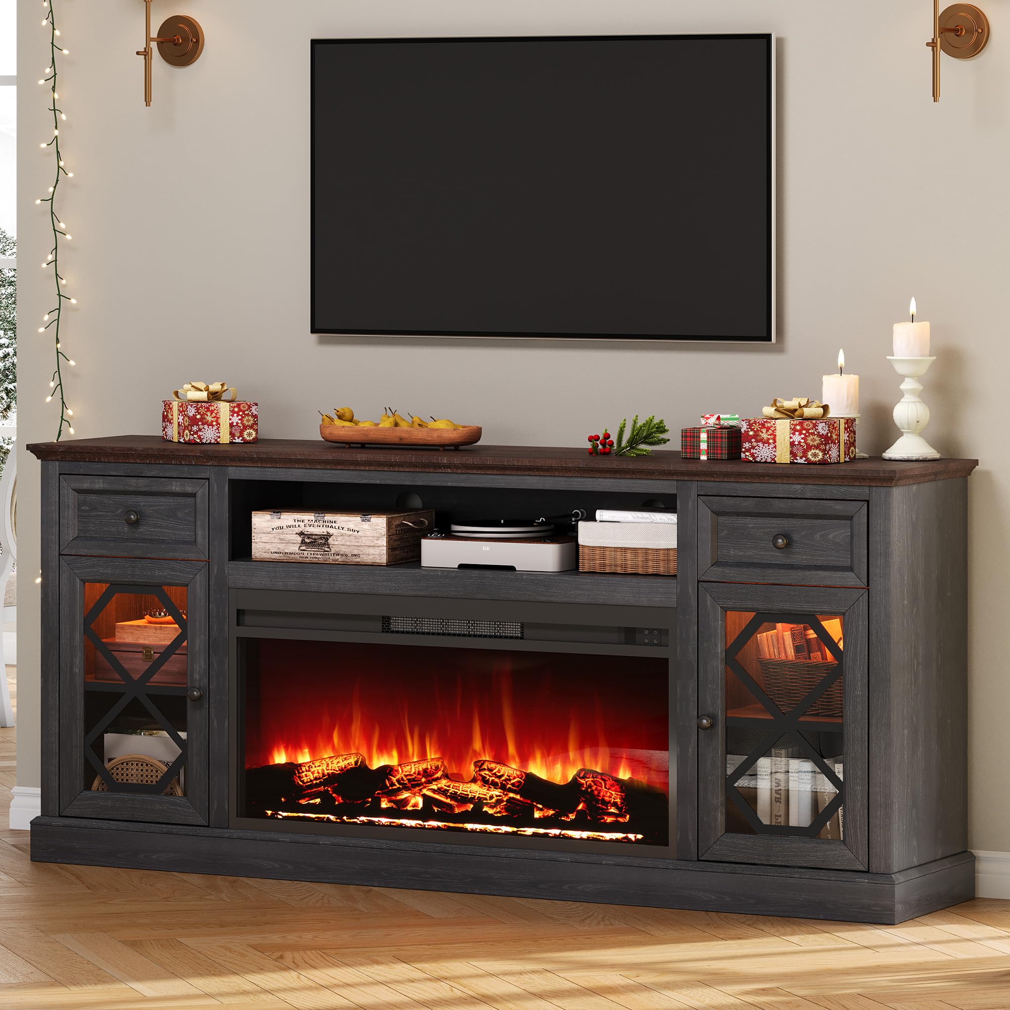 Amazon.com: LUXOAK Farmhouse 70" Fireplace TV Stand with 37" Electric ...