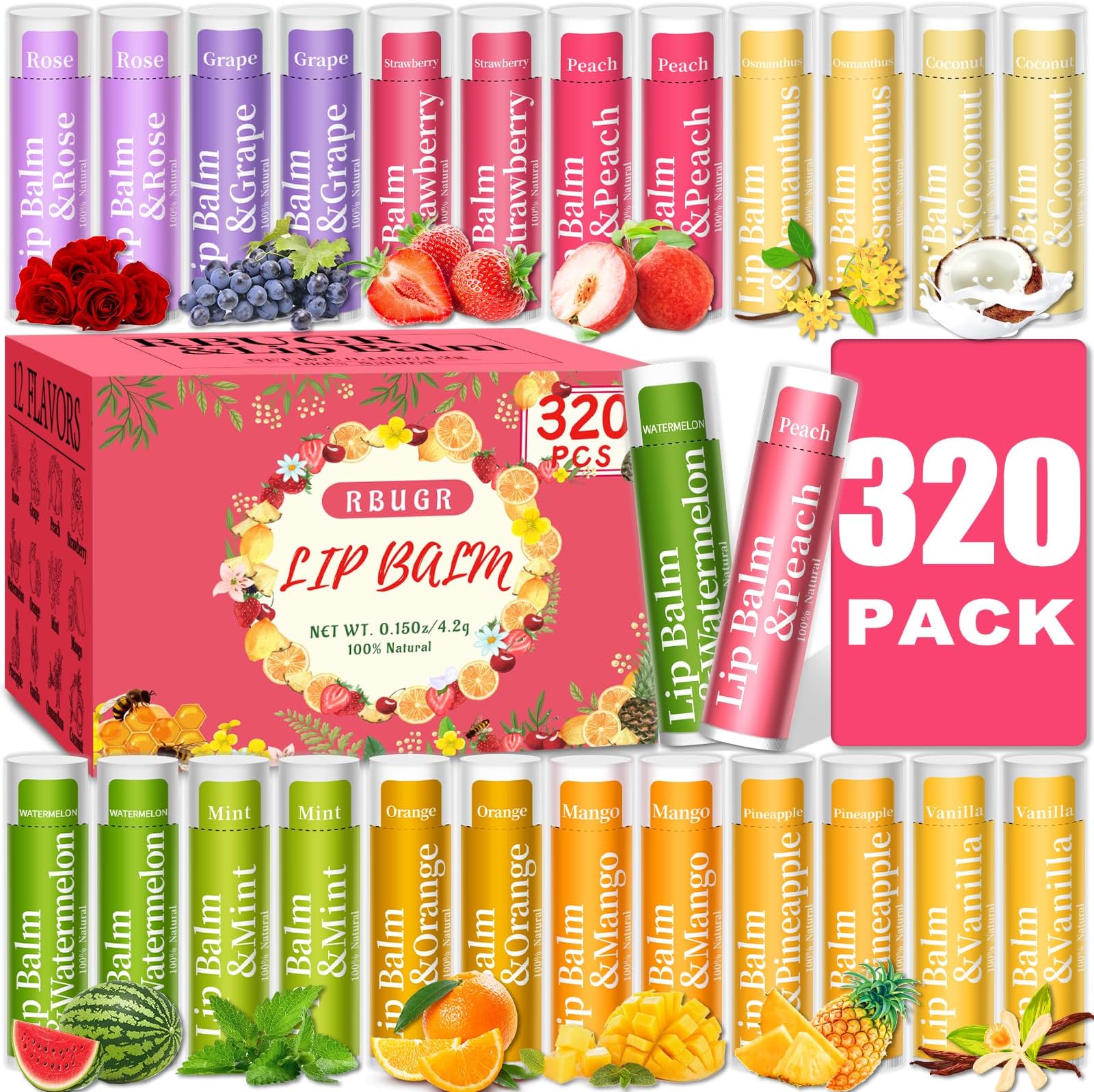 Amazon.com : RBUGR 320 Pcs Lip Balm Bulk, 12 Flavored Pack of Lip Balms ...