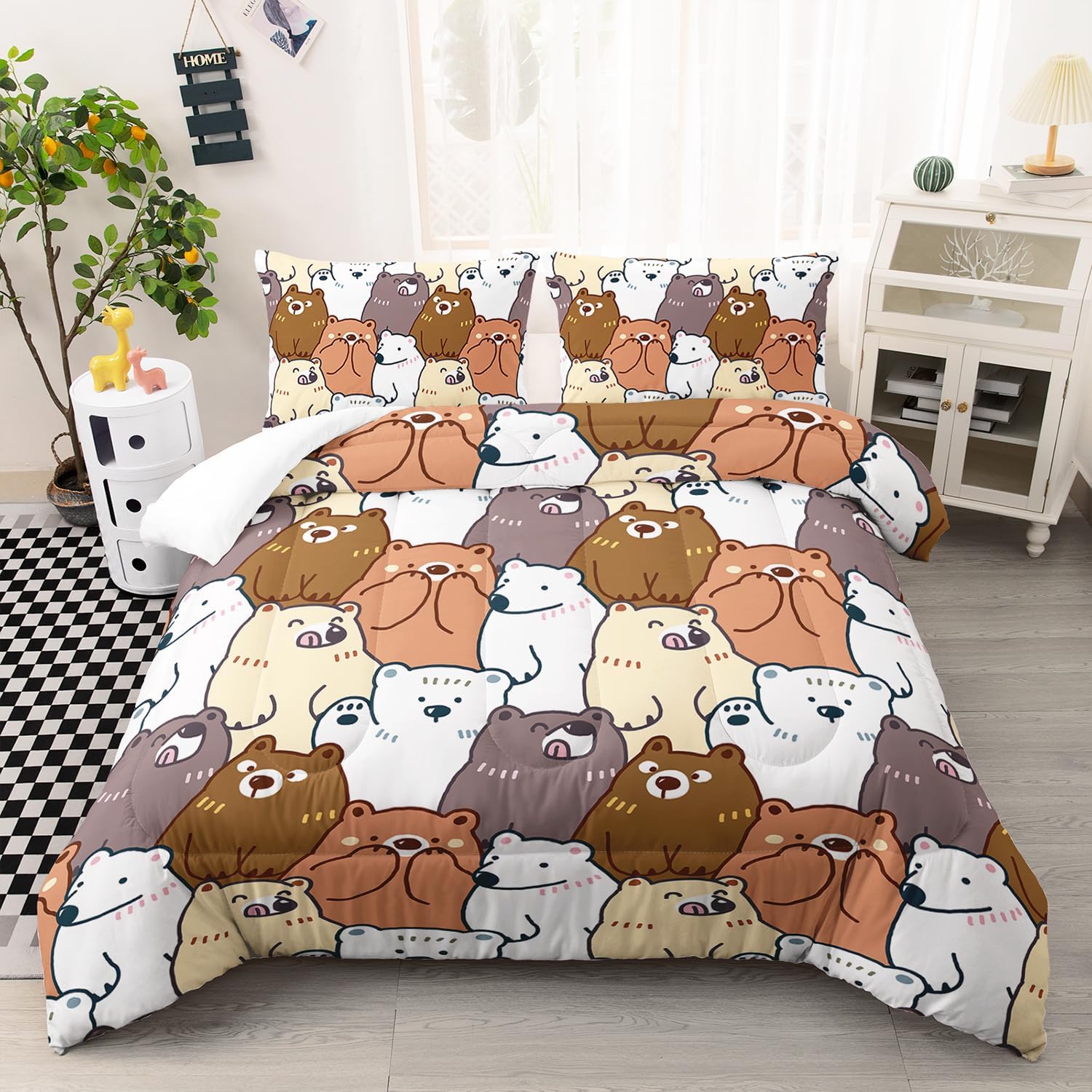 Amazon.com: AILONEN Cartoon Bear Comforter Set Twin Size, Kawaii White ...