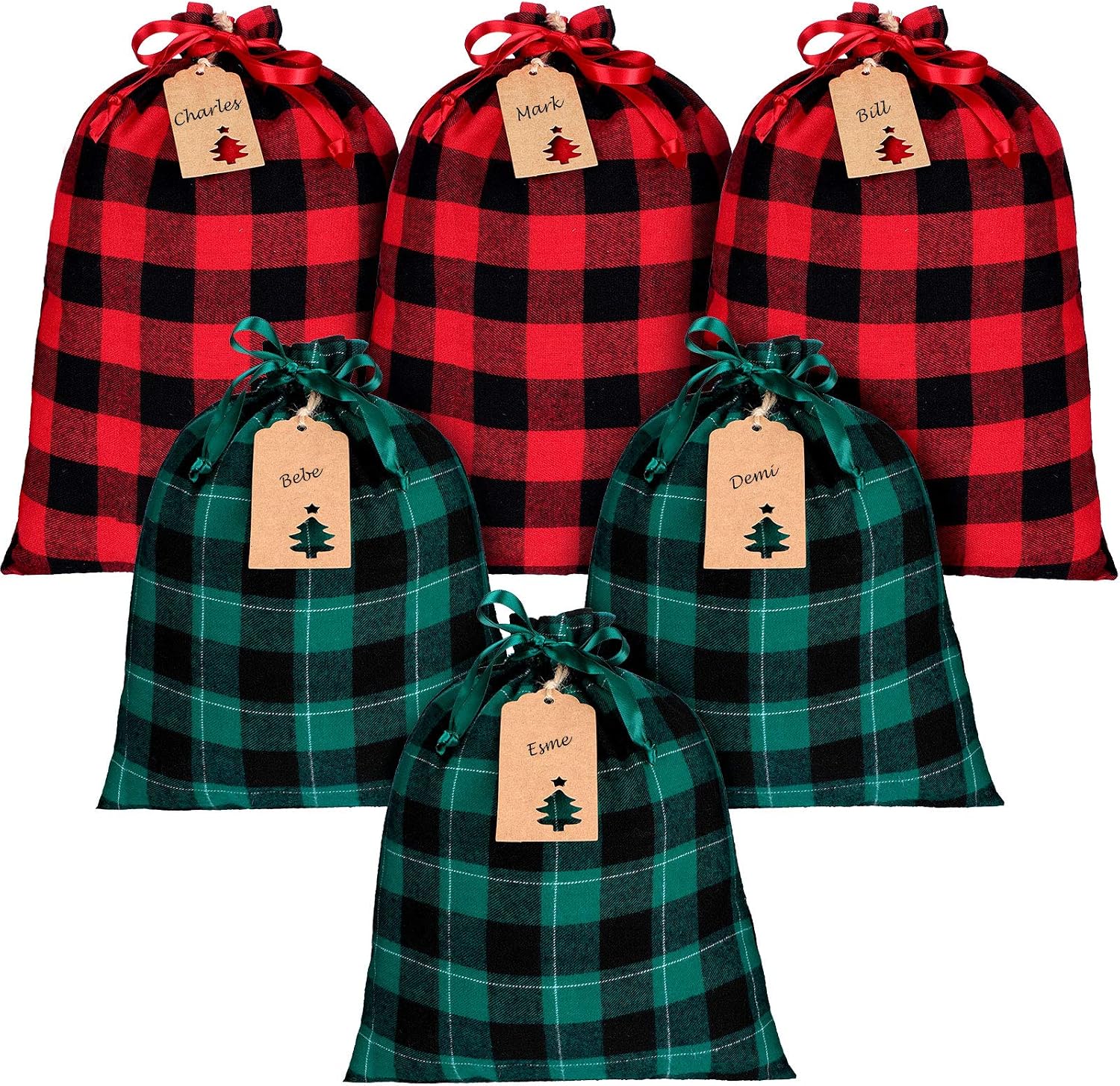 Amazon.com: Shappy 6 Pieces Christmas Drawstring Gift Bags Fabric Plaid ...