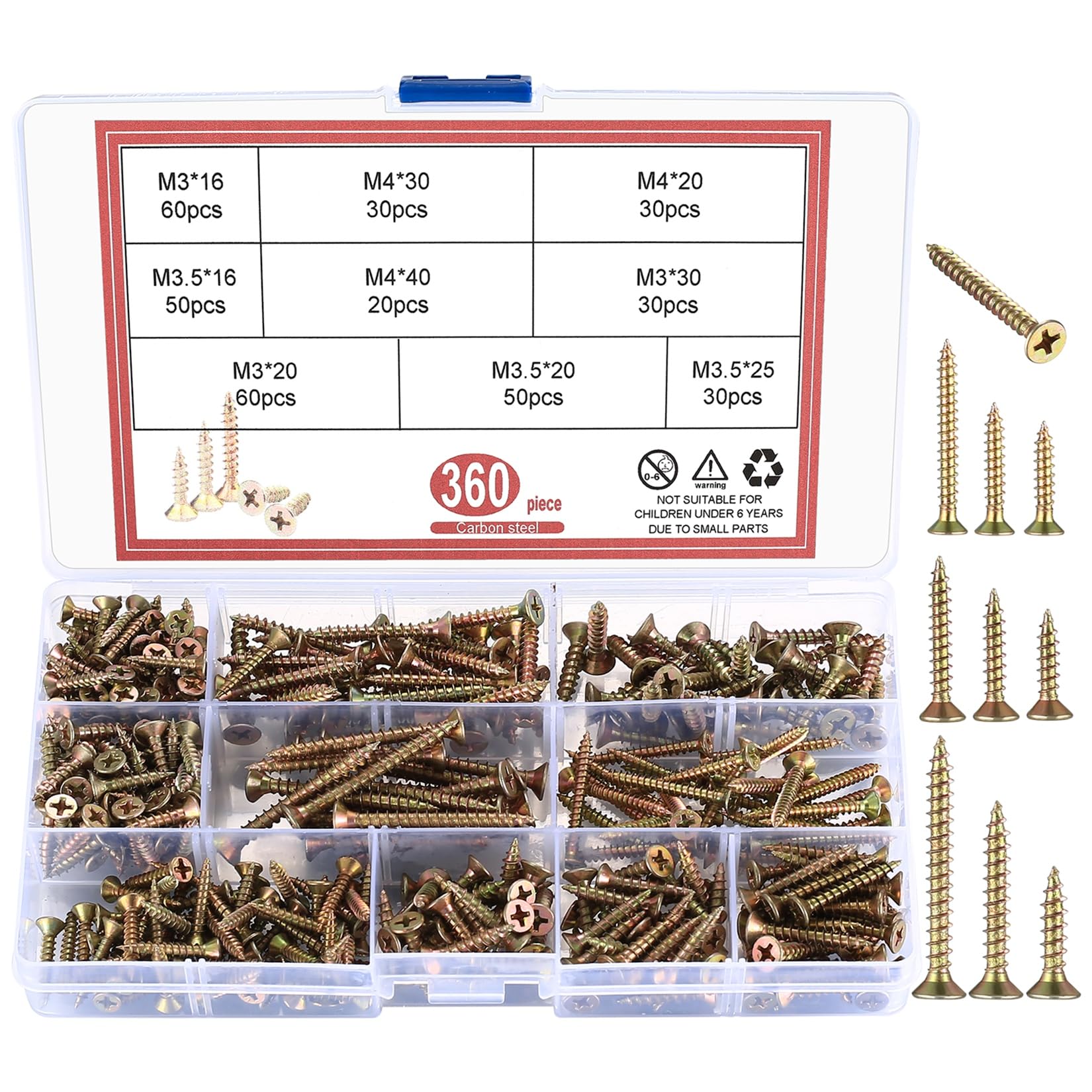 360 PCS Wood Screws Assortment Kit, M3 M3.5 M4 Flat Head Self Tapping ...