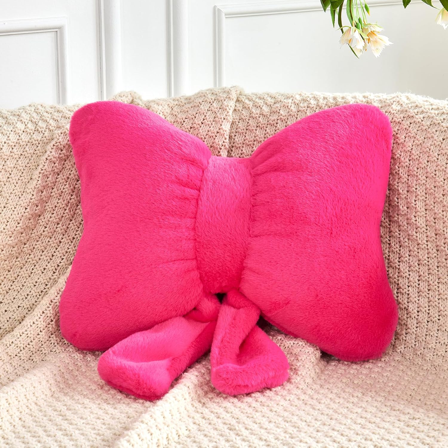 Amazon.com: XVTRU Hot Pink Bow Pillow, Soft Bow Decorative Pillows with Faux Rabbit Fur, Cute 12 ...