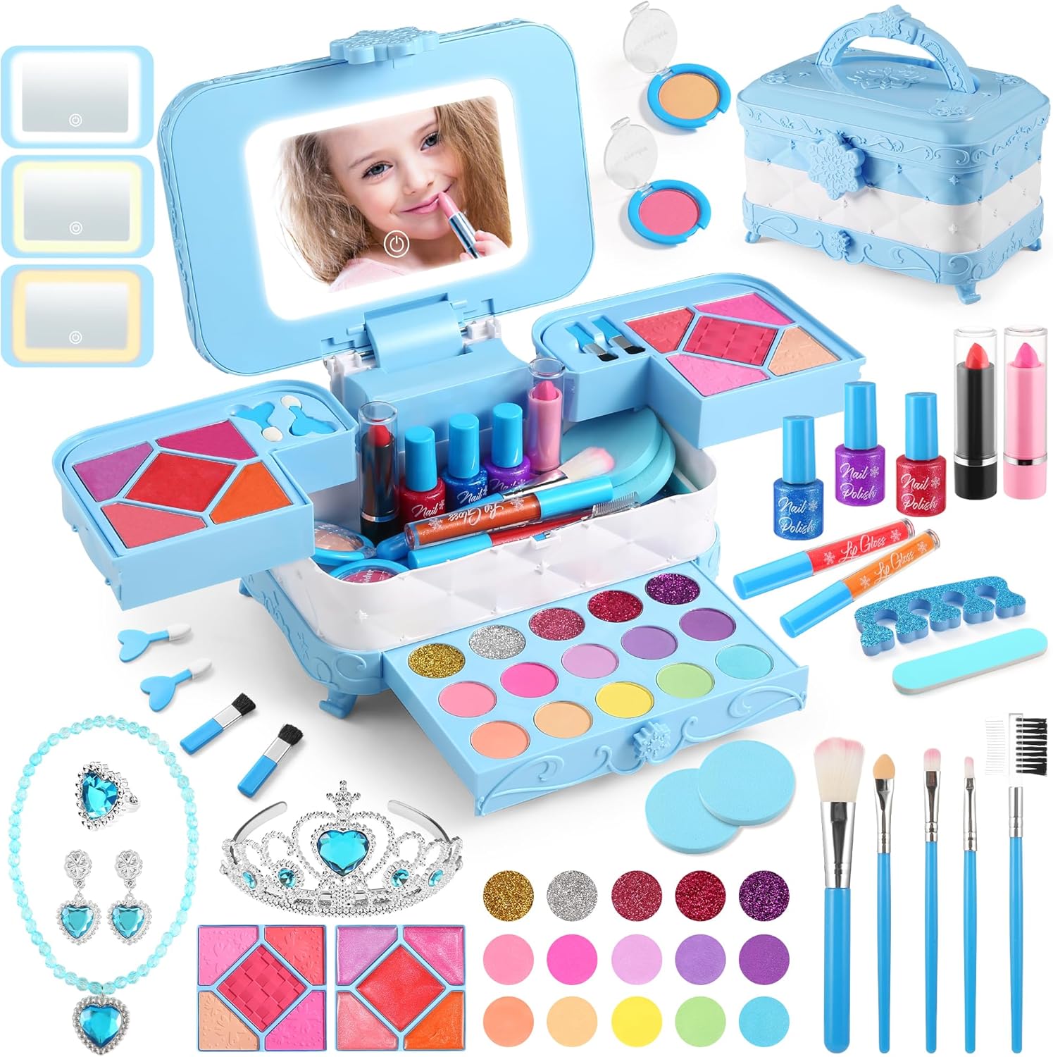 Amazon.com: YasinKidz 57 in 1 Kids Makeup Kit With 3-Color LED Mirror ...