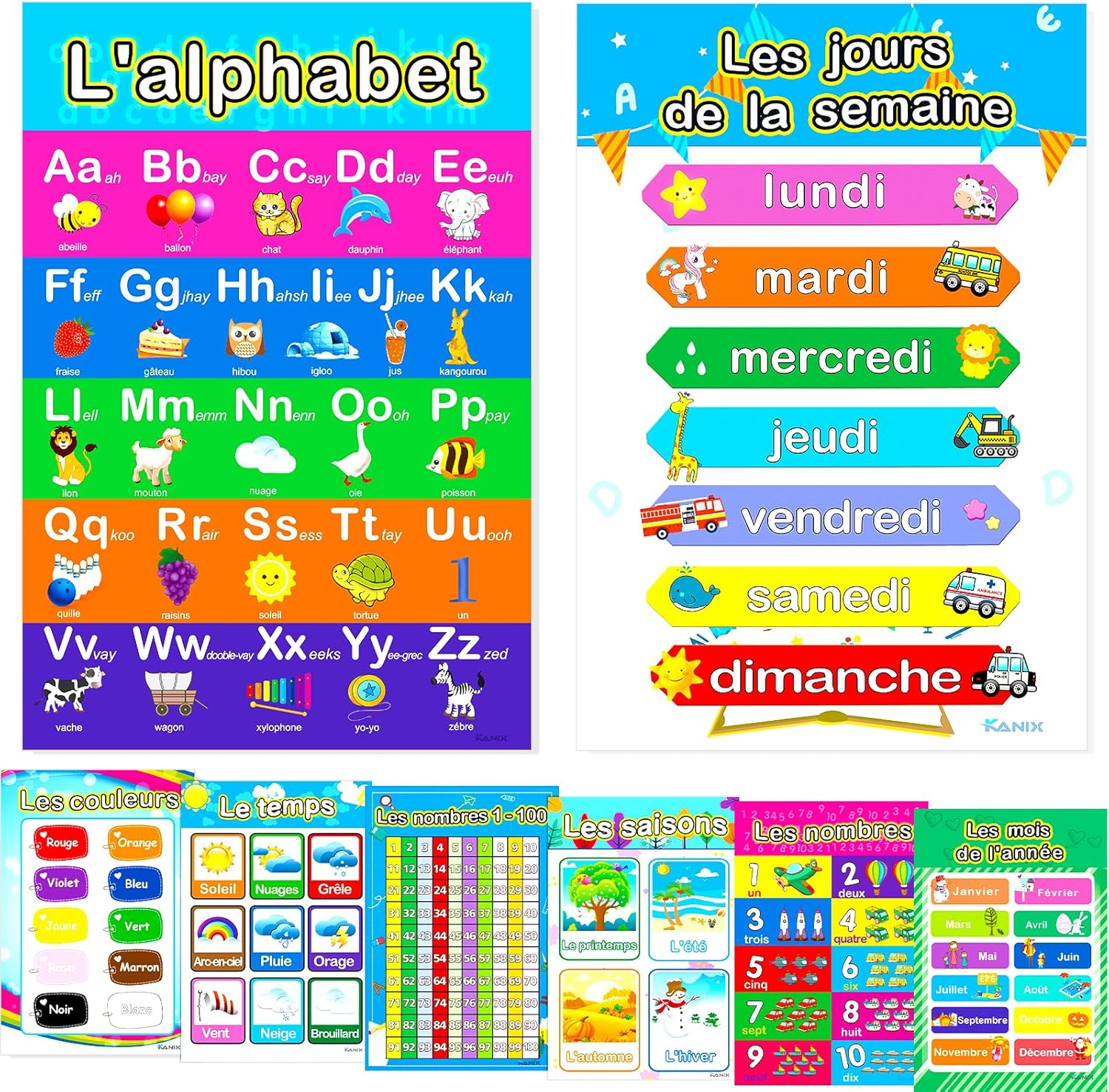 8 French Educational Preschool Posters Alphabet Numbers Colours Months ...