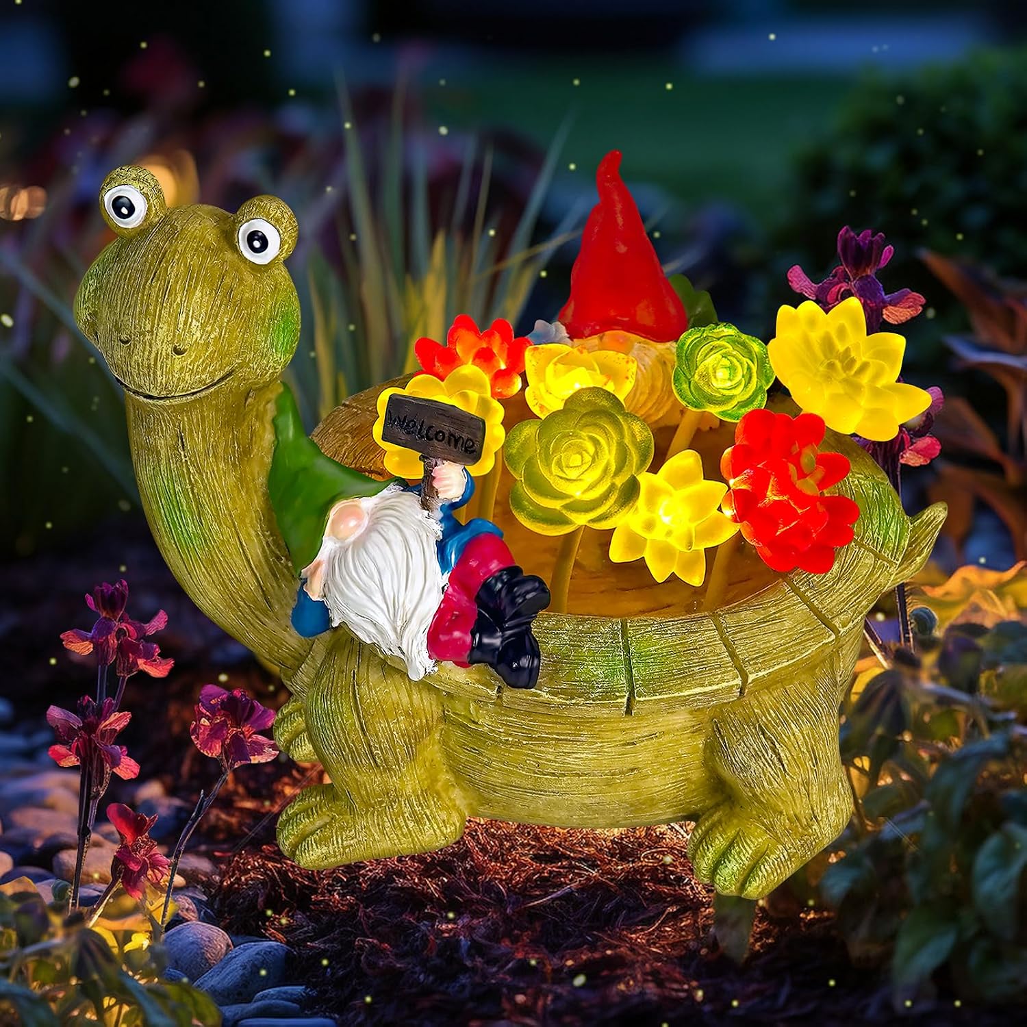 yeuago Outdoor Solar Garden Statues Turtle Gnome with Succulent and LED ...