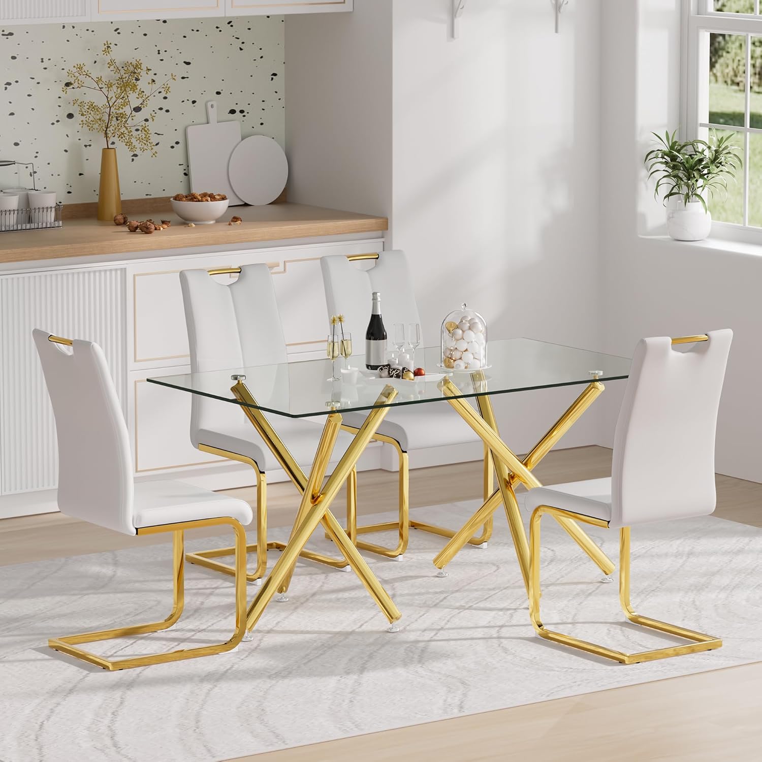 Amazon.com - 5 Piece Modern Dining Table Set for 4, 63" Gold Kitchen ...