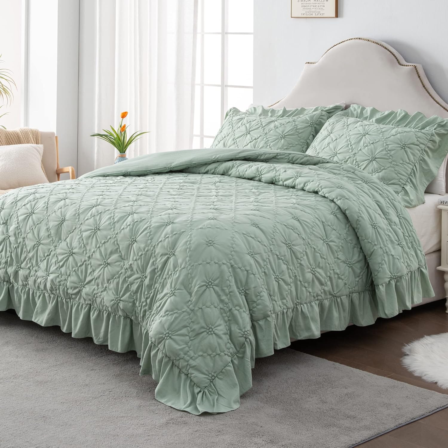 Amazon.com: Andency Sage Green Comforter Queen Size Pinch Pleat Ruffle ...