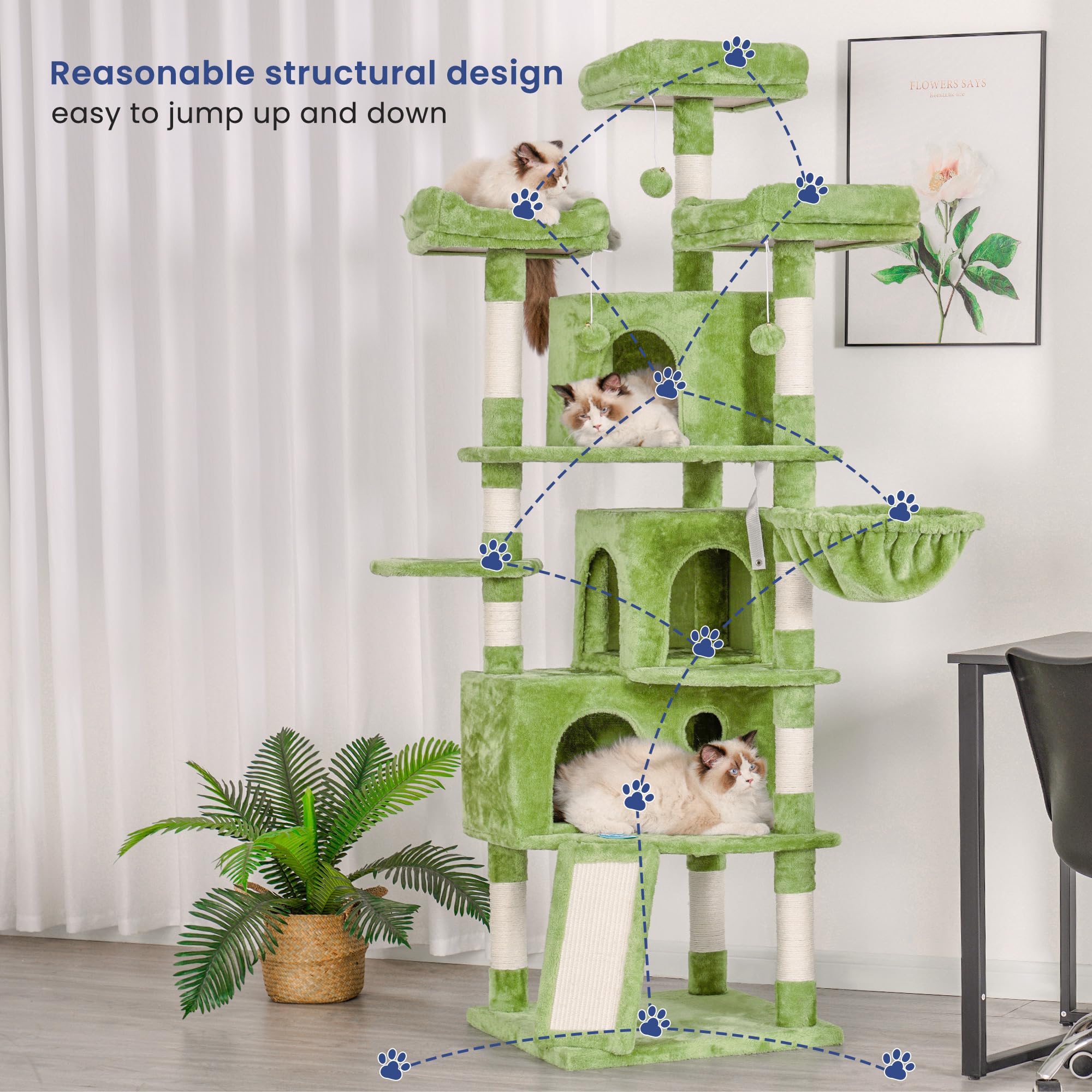 Hey-brother XL Size Cat Tree, 73.4 inch Cat Tower with 3 Caves, 3 Cozy ...