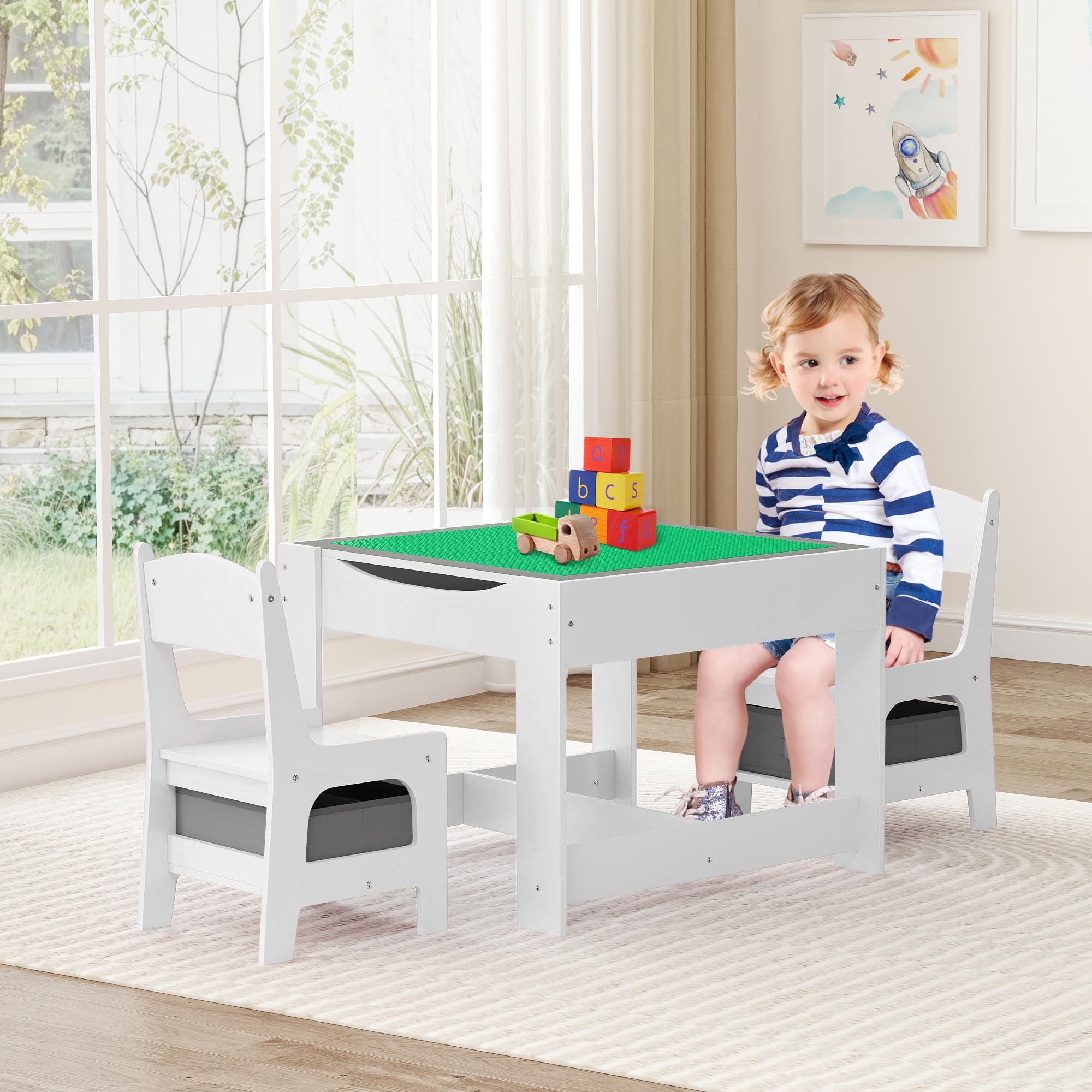 Amazon.com: Nyeekoy Wooden Kids Table and Chair Set, 3 in 1 Kids Dining ...