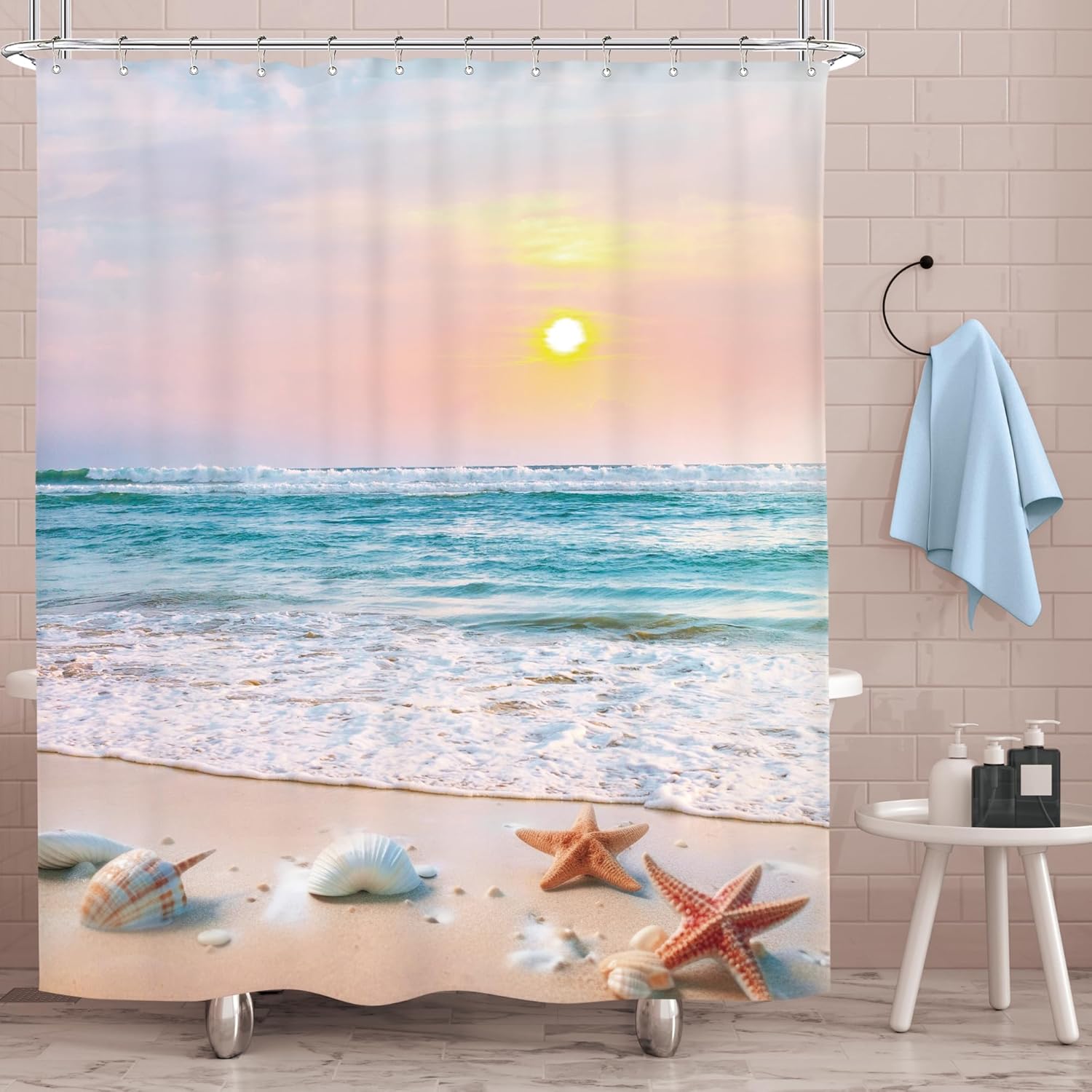 Amazon.com: Riyidecor Ocean Beach Coastal Seaside Shower Curtain Sunset ...