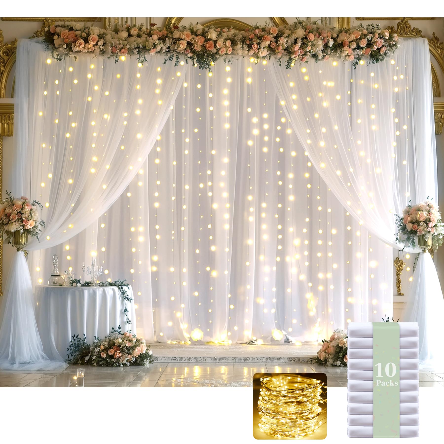 Amazon.com : 50ft X 8ft White Tulle Backdrop Curtains with Lights ...