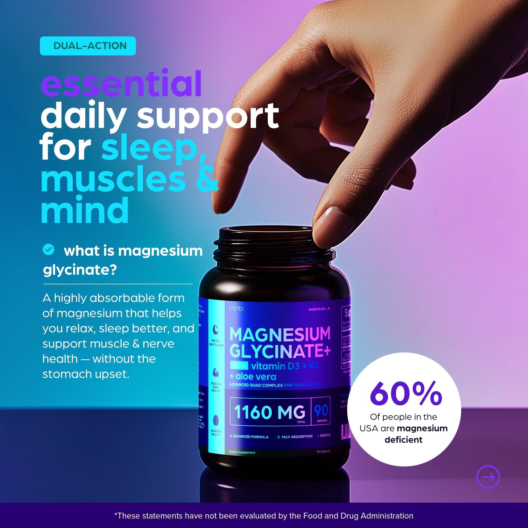 Snapklik.com : Magnesium Glycinate 1160mg + Aloe Vera, D3 & K2 Complex ...