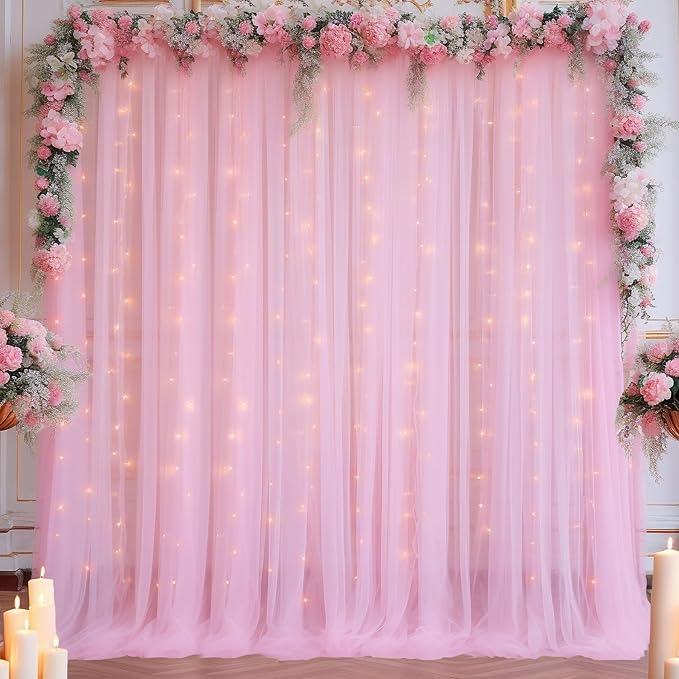 Amazon.com: 10x10ft Pink Tulle Backdrop Curtain with Lights String for ...