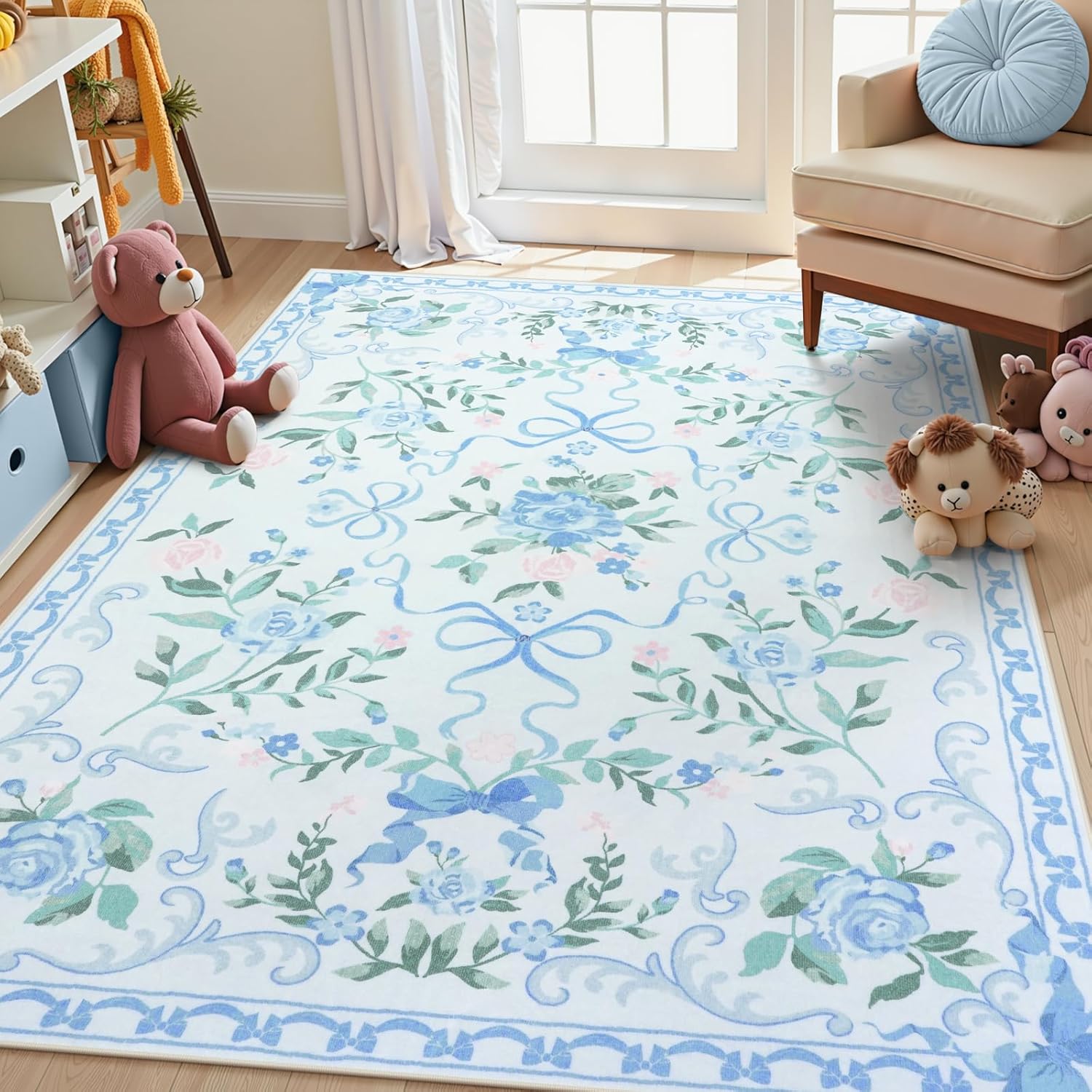 Amazon.com: Collive Blue Floral Rugs for Girls, 5x7 Washable Bow Area ...