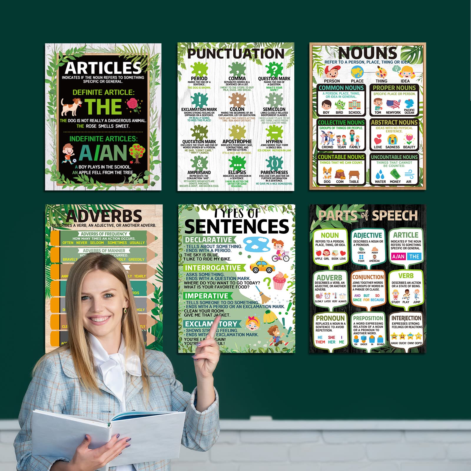 Snapklik.com : 14 PCS Greenery Parts Of Speech Posters For Classroom ...