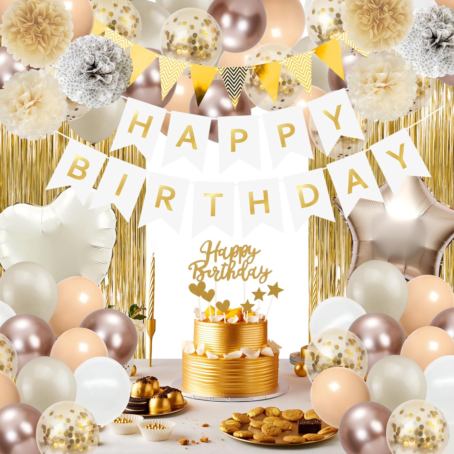 Amazon.com: Gold Birthday Party Decorations Banner Brown Gold Balloons ...