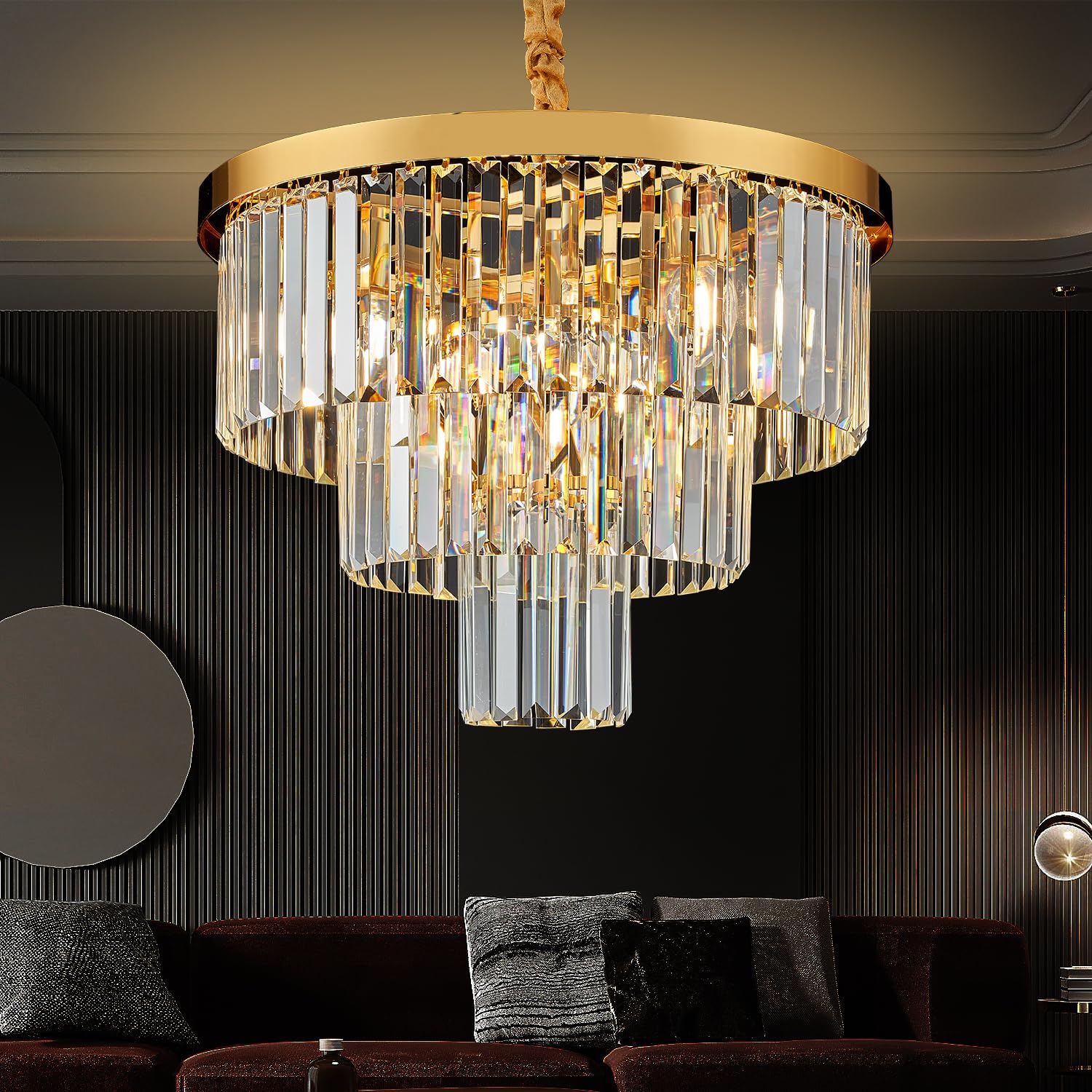YOLIZUOT Gold Crystal Chandelier 20" Modern Chandelier 3 Tiers 6 Lights ...