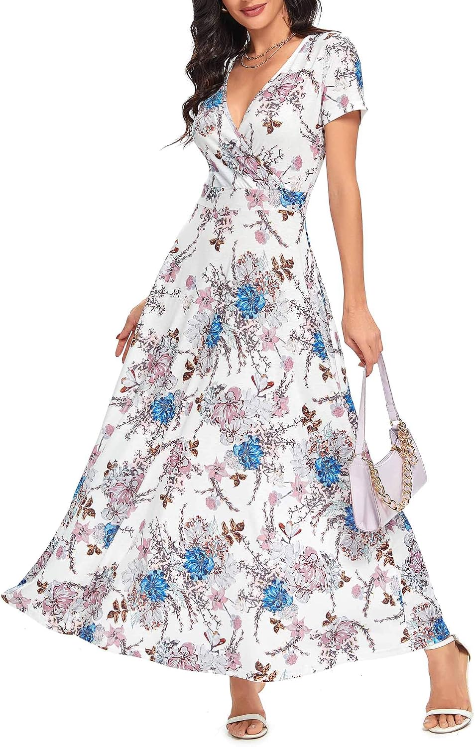 HUHOT Women's Short Sleeve Wrap V Neck Dresses for Wedding Guest Summer ...