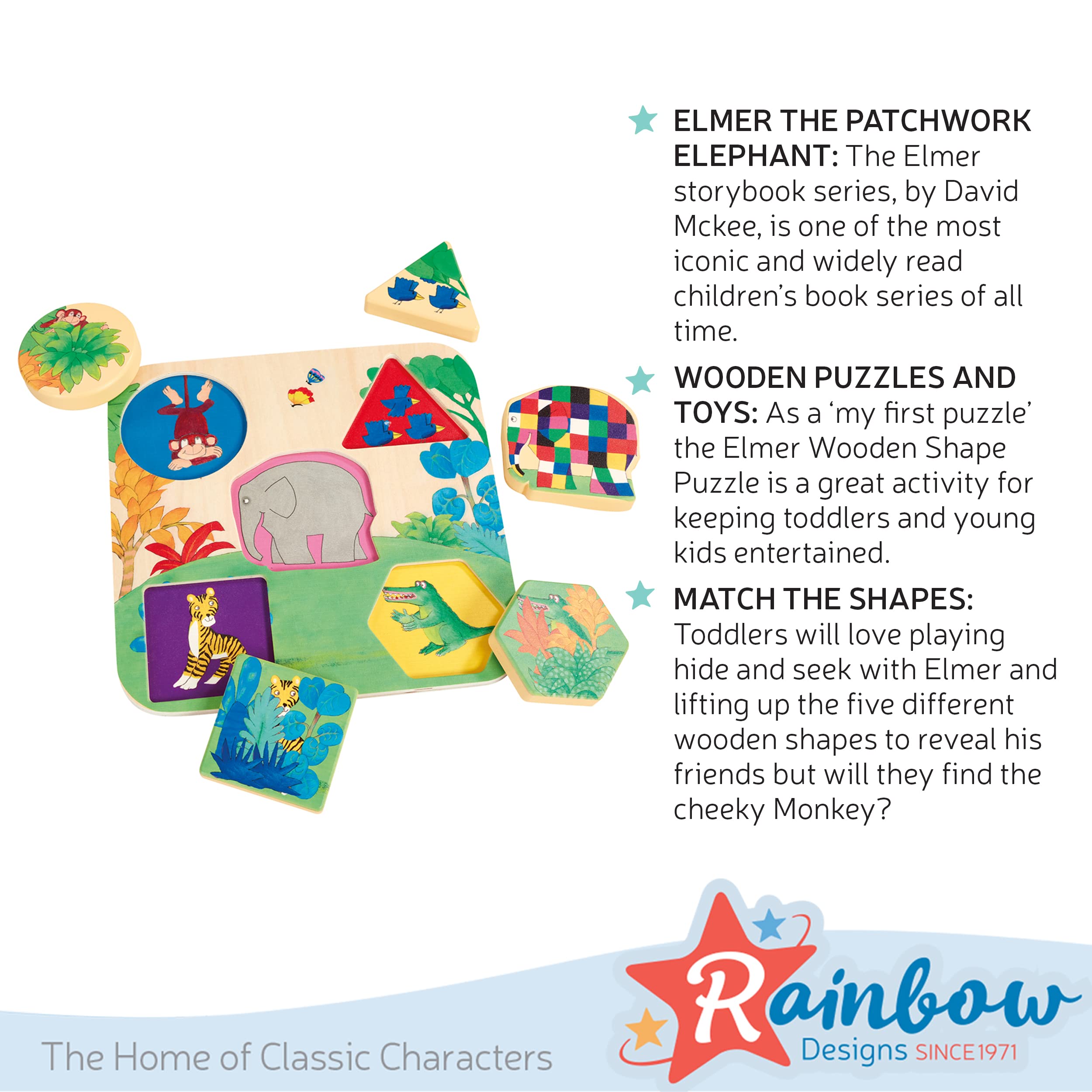 Rainbow Designs Official Elmer – Wooden Shape Puzzle Toy For Toddlers ...
