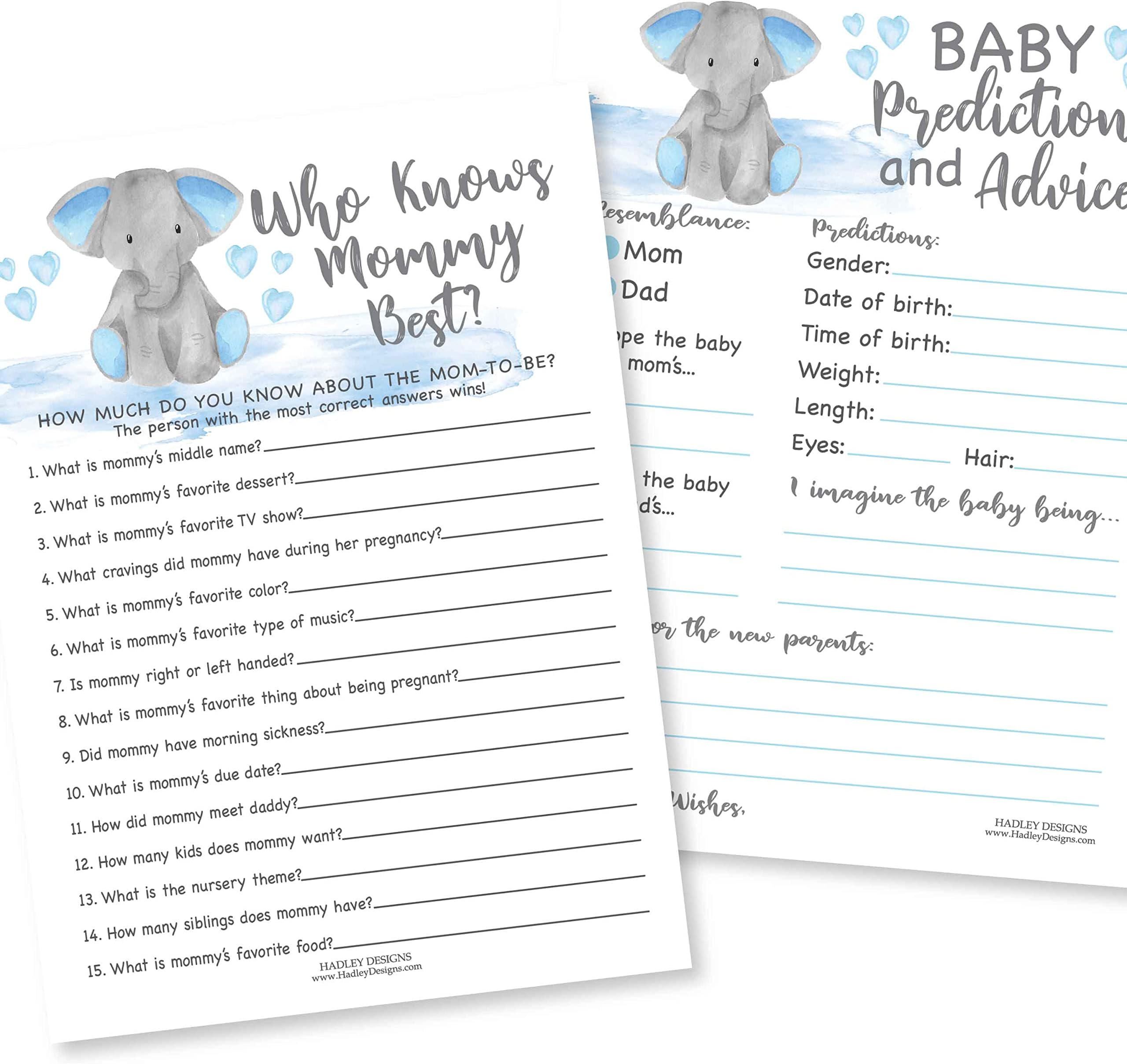 Blue Elephant Baby Shower Games For Boys - 2 Games Double Sided, 25 Who ...