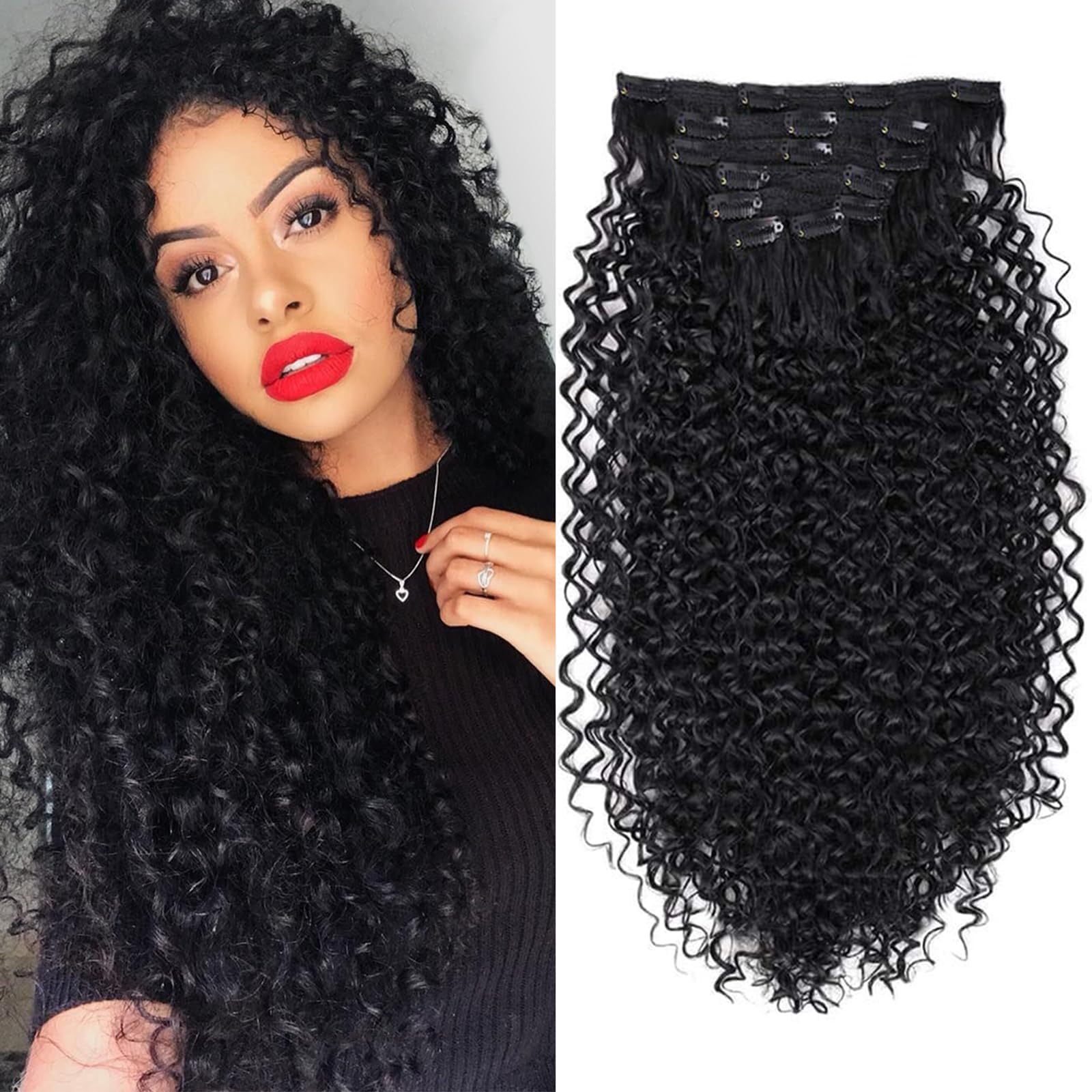 Amazon.com : Pobokix Deep Wave Clip in Hair Extensions Real Human Hair ...