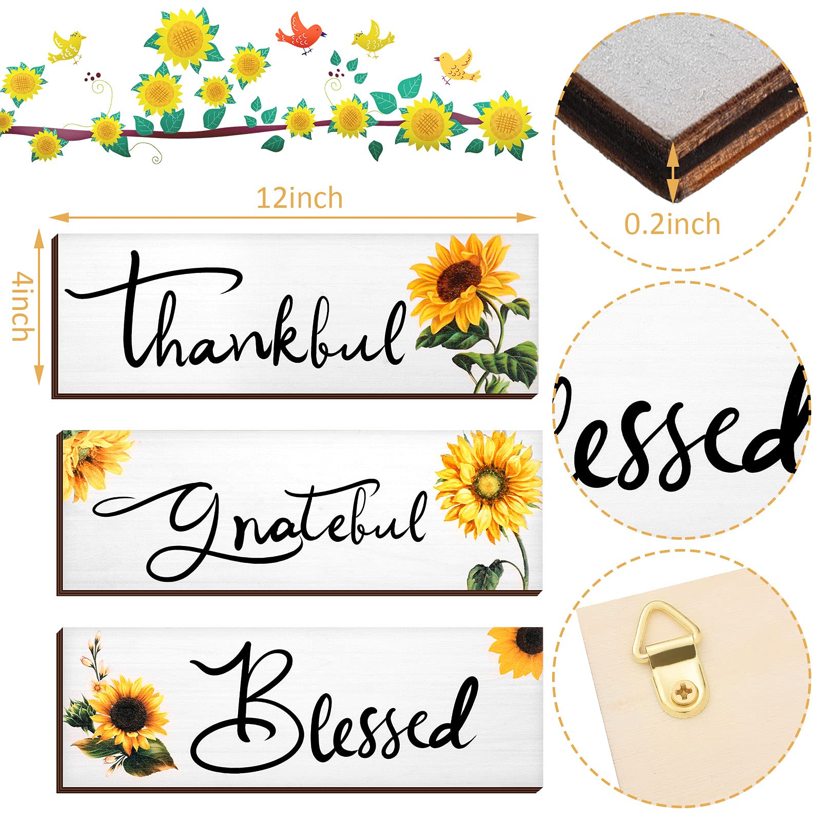 Snapklik.com : 3 Pcs Sunflowers Thankful Grateful Blessed Wall Decor ...