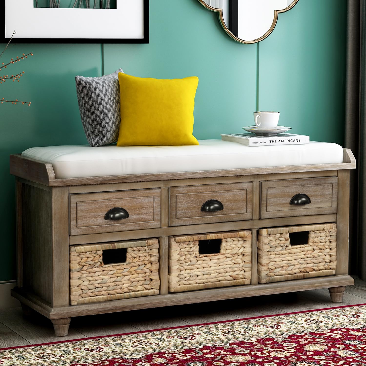 Amazon.com: Amposei Farmhouse Rustic Wood Storage Bench with Drawers ...