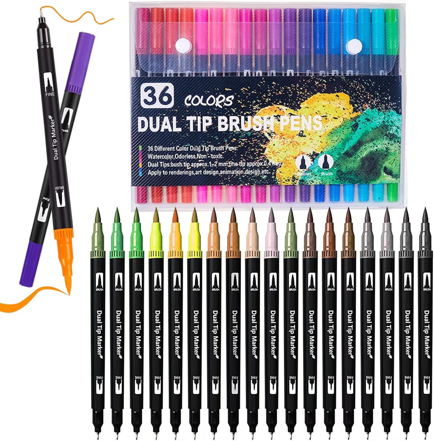 Surcotto Colouring pens, Dual Tip Brush Pens, 36 Colorful Washable Felt ...