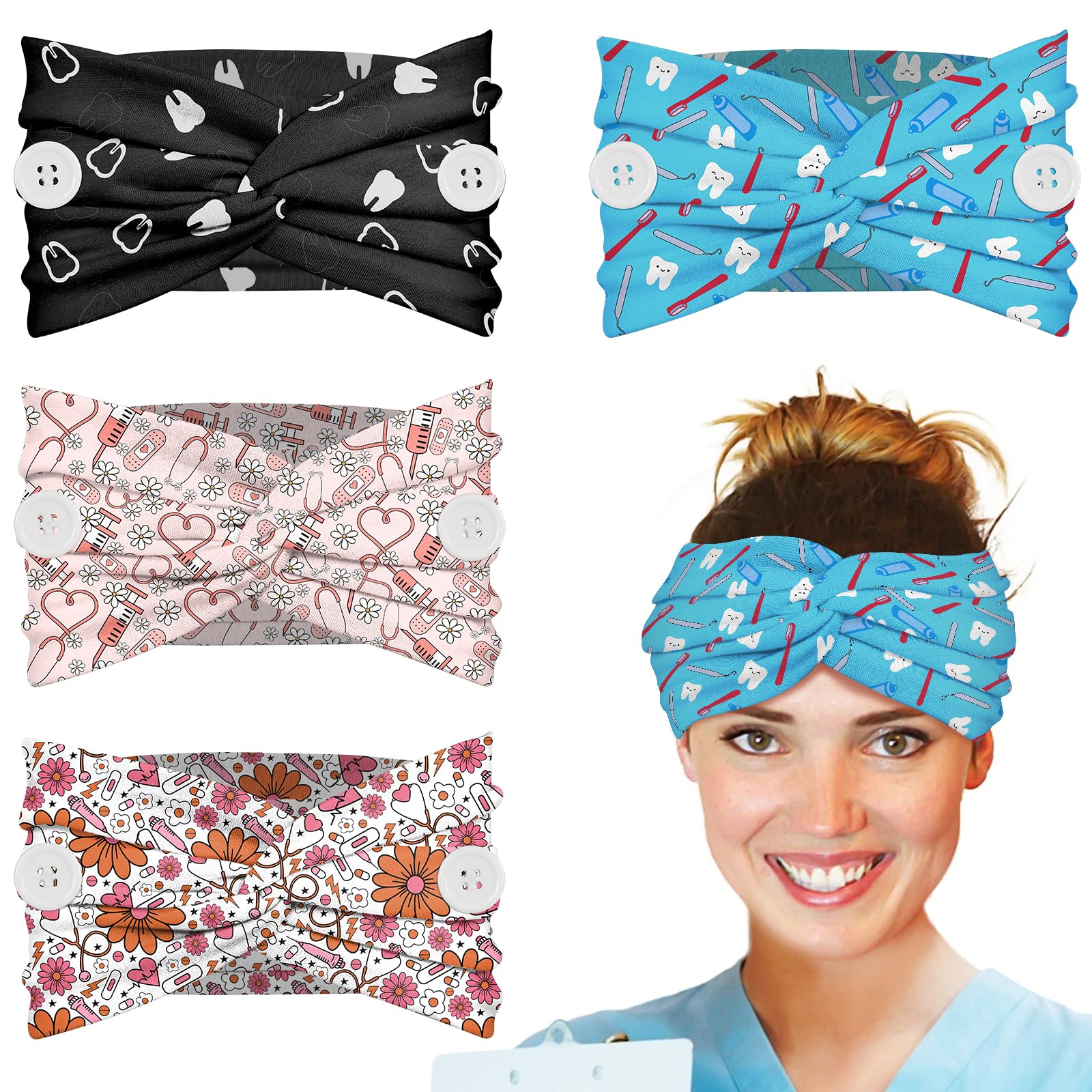 Amazon.com : Plifal 4pcs Nurse Headbands for Women with Buttons Non ...