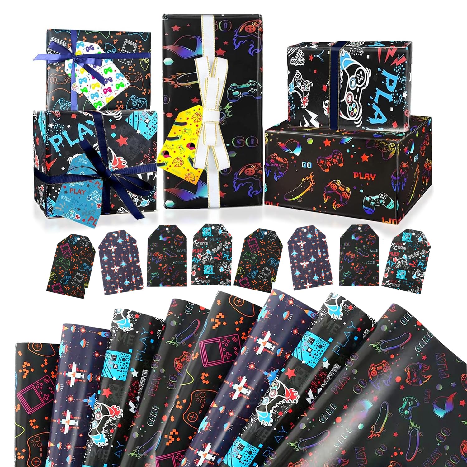 Movstriker 8 Pcs Gaming Wrapping Paper Printed Gaming Tags Boys ...
