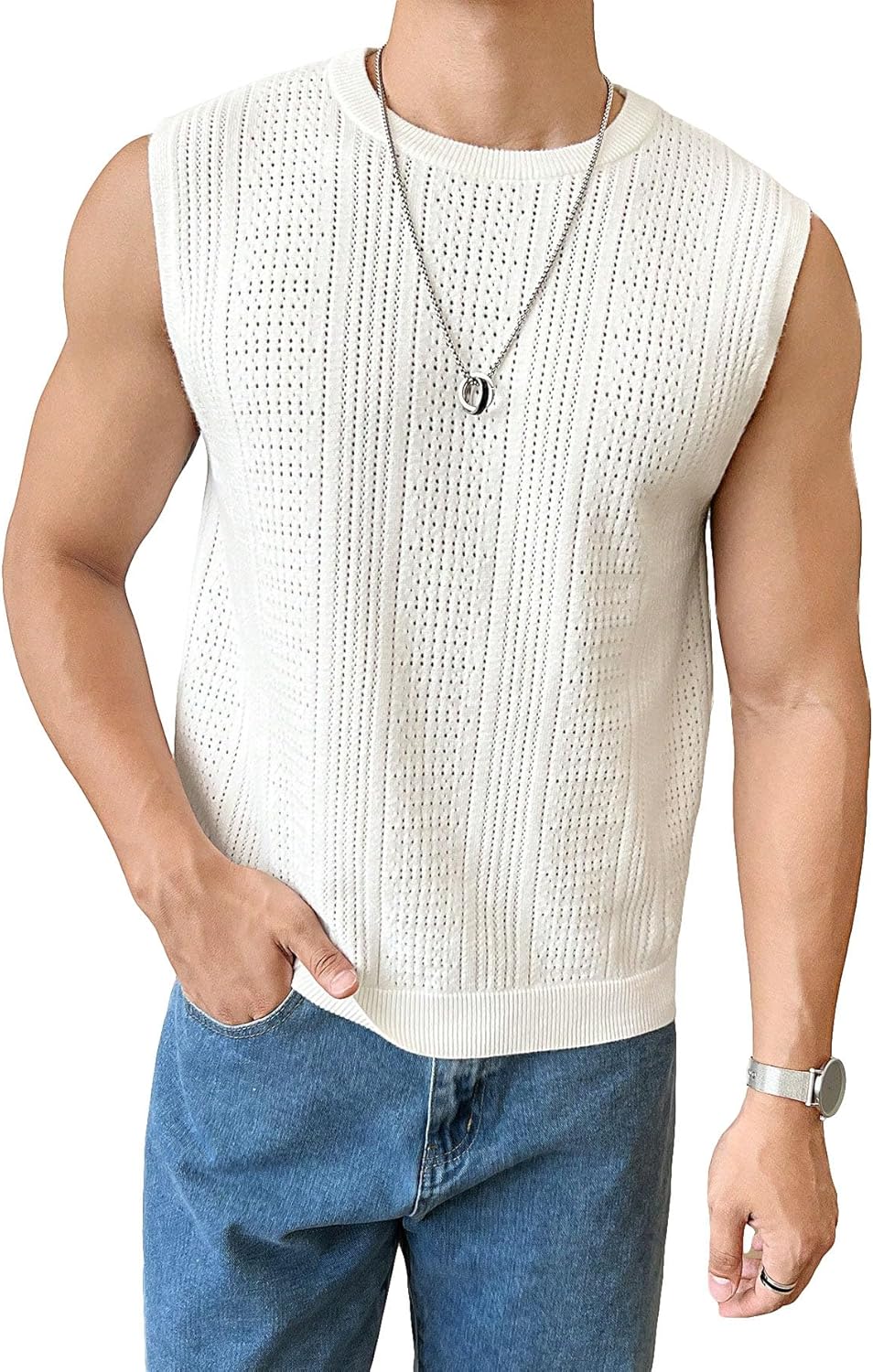WDIRARA Men's Solid Ribbed Knit Tank Top Sleeveless Round Neck Casual Cami Shirt at Amazon Men’s ...