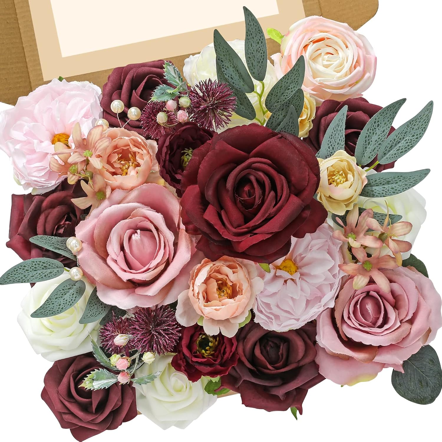 Serwalin Fake Flowers Artificial Flowers Burgundy Pink Roses Silk Foam ...
