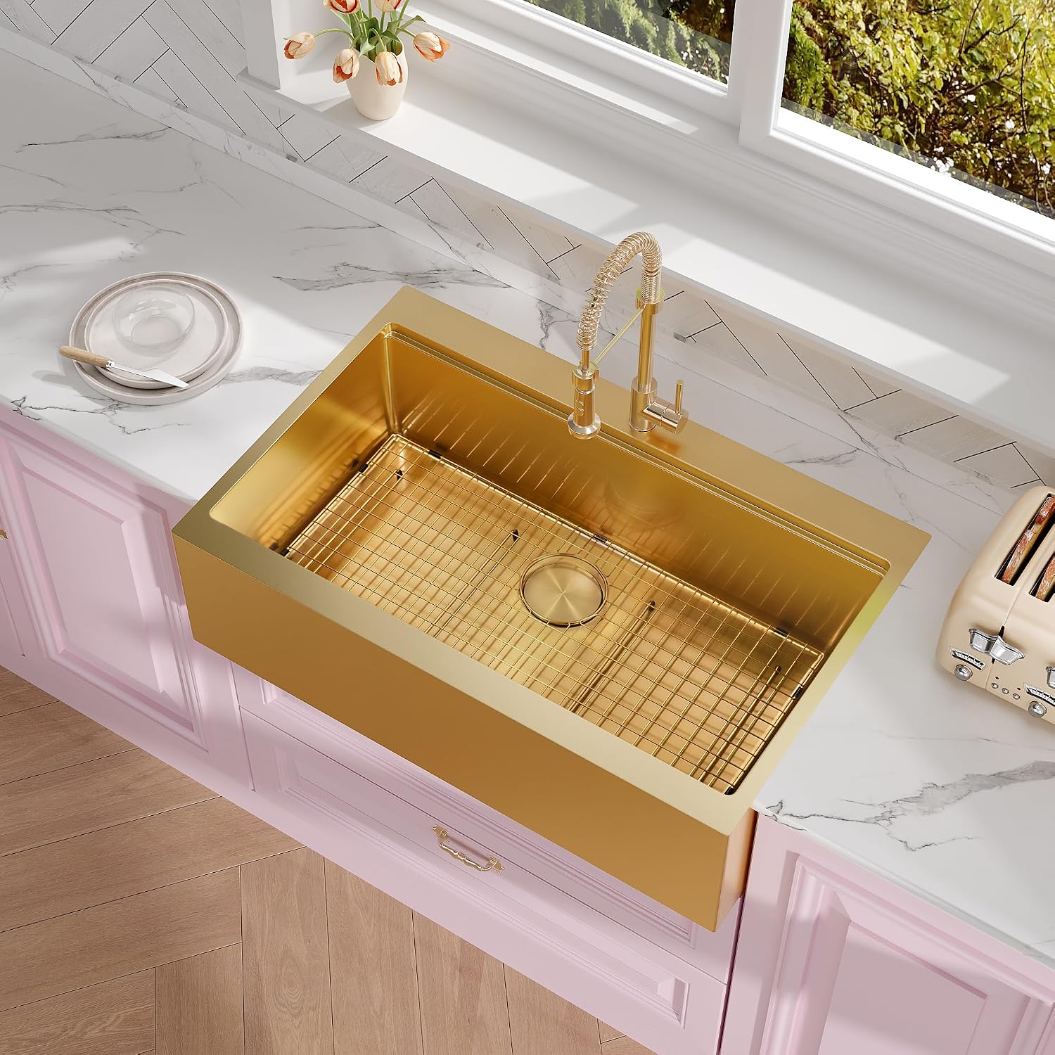 Rhbamoa Gold Farmhouse Sink,Gold Stainless Steel Drop in Kitchen Sinks ...