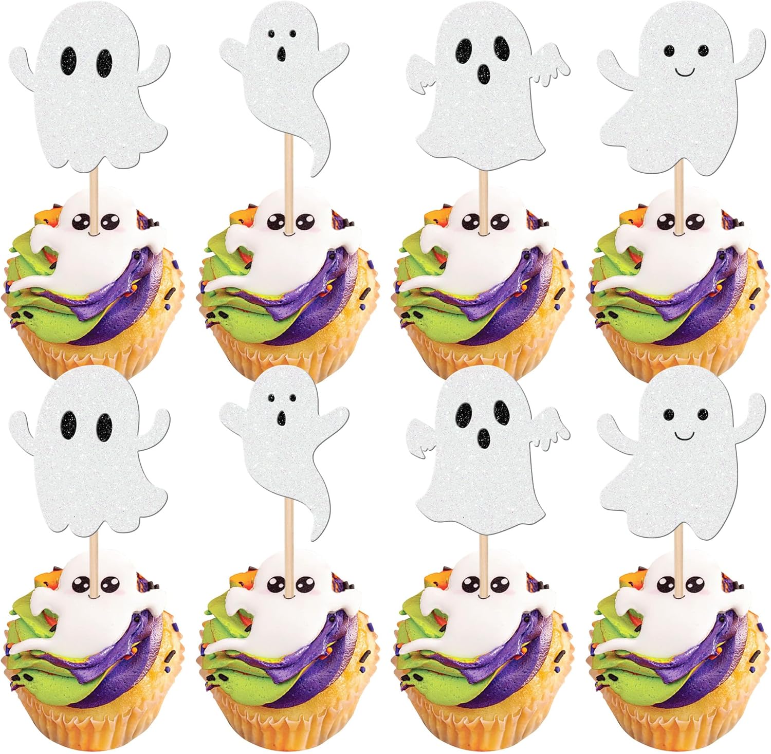 Amazon.com: 24 PCS Halloween Ghost Cupcake Toppers White Glitter Baby ...