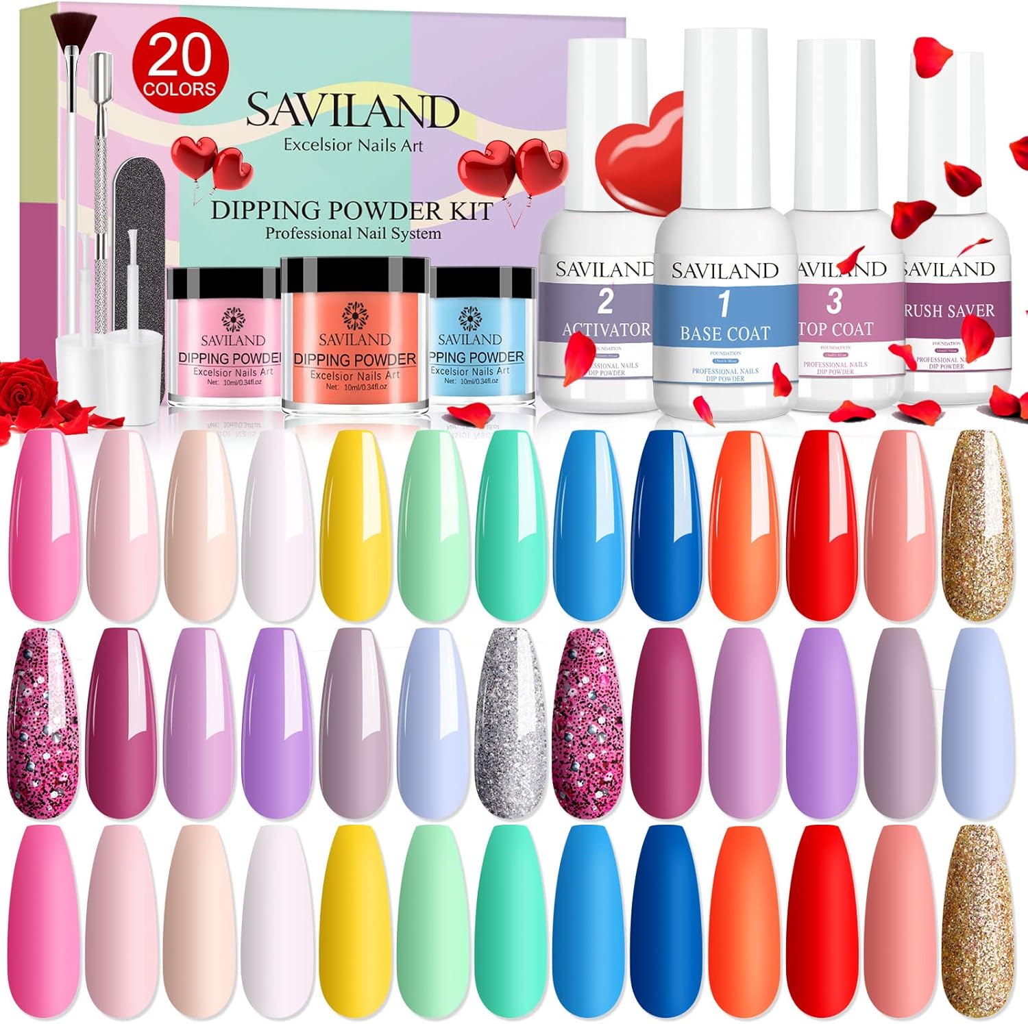 Saviland Dip Powder Nail Kit – 20 Colors Dipping Powder System ...