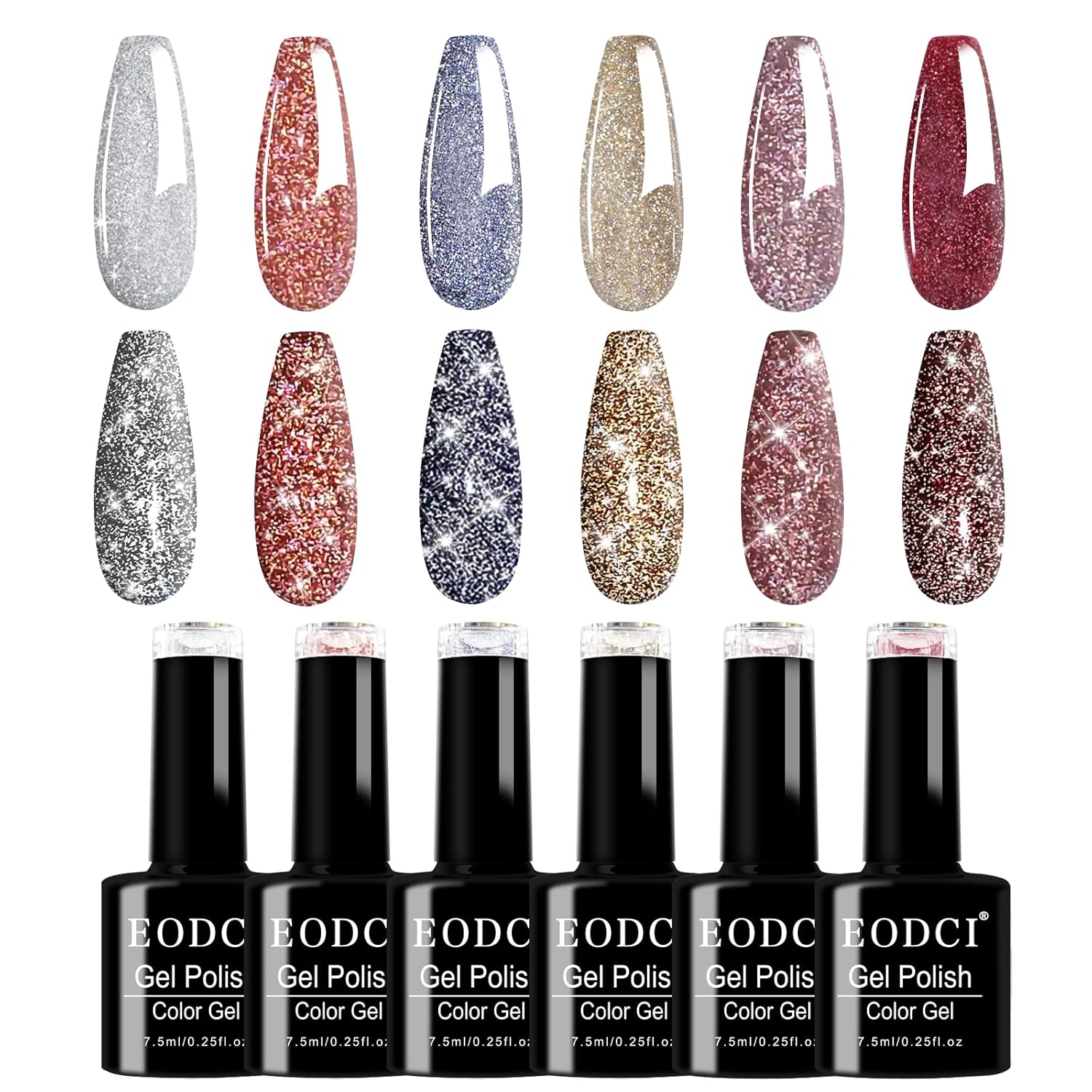 Amazon.com: eodci Reflective Glitter Gel Nail Polish Set of 6 Colors ...