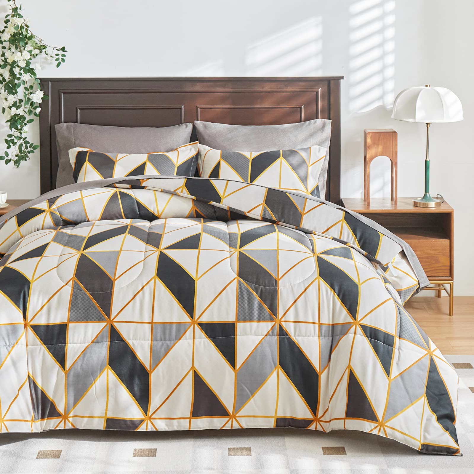 Flysheep Geometric Bed in a Bag 7-Pieces Queen Size, Gray Black Beige ...