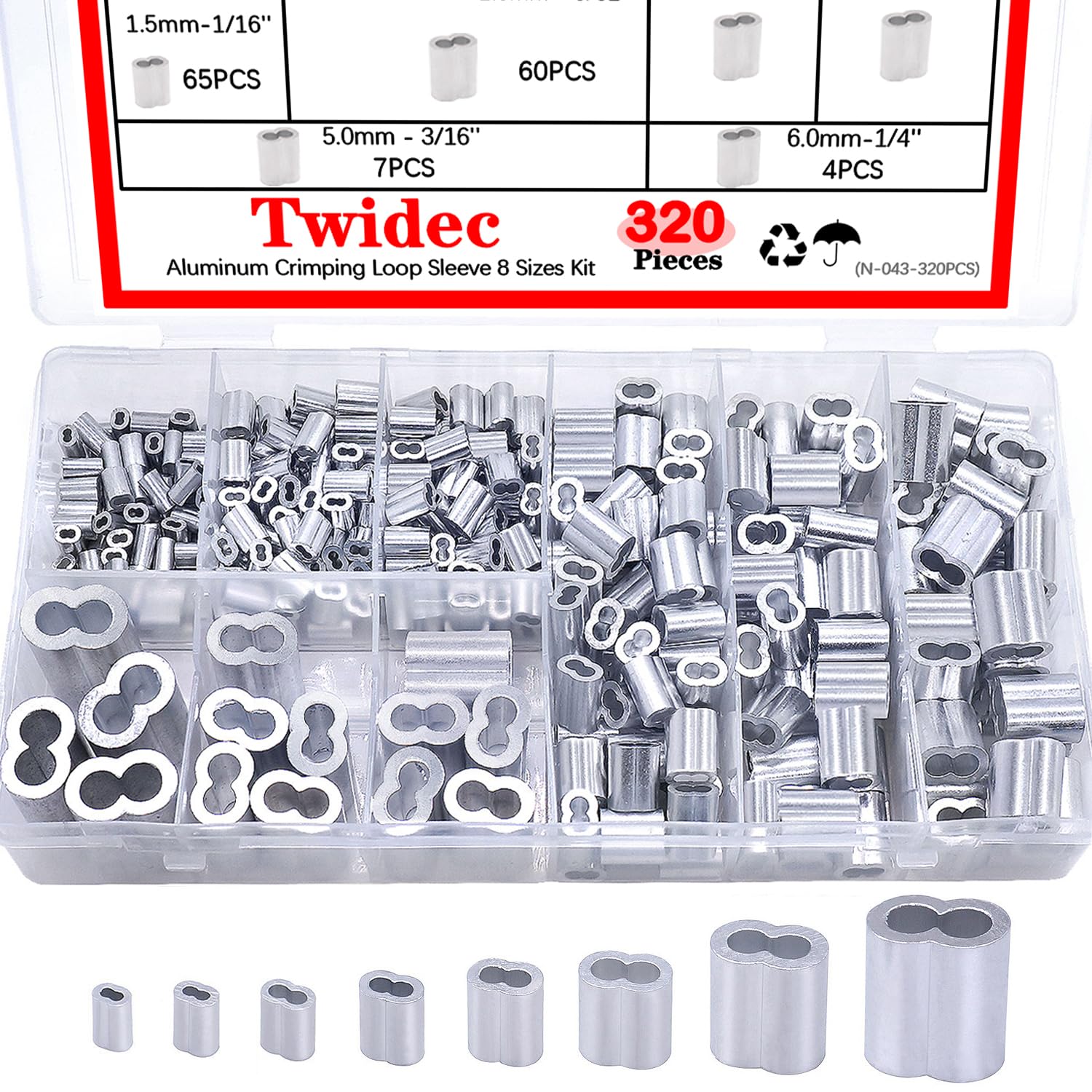 Snapklik.com : Twidec/320PCS 8 Sizes Aluminum Crimping Loop Sleeve M1.2-M6