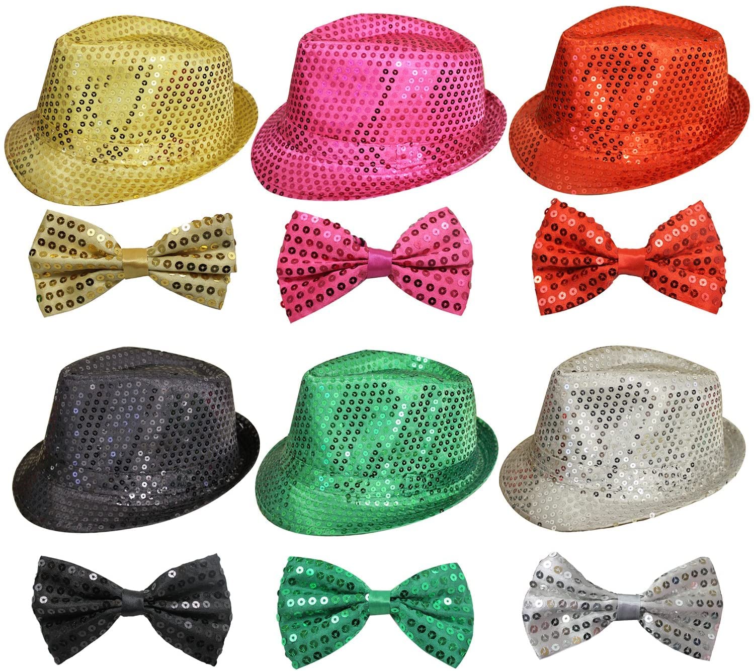 Buy 2 Piece Adults Black Hat & Bowtie Set - Black Sequin Fedora Hat ...