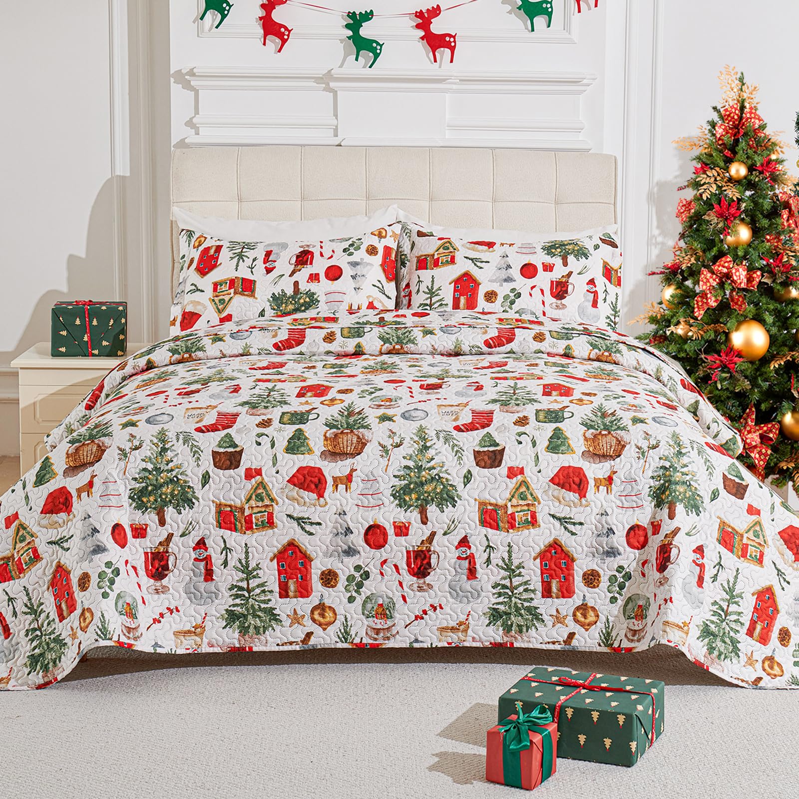 Amazon.com: Feyocn 3-Piece Christmas Quilt Set Queen/Full Size Cozy ...